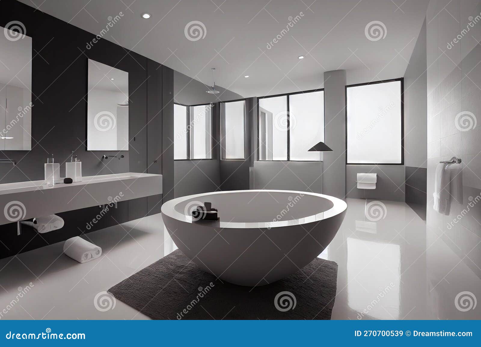 Luxurious Bathroom Interior with Windows and Large Round Bath in Middle ...
