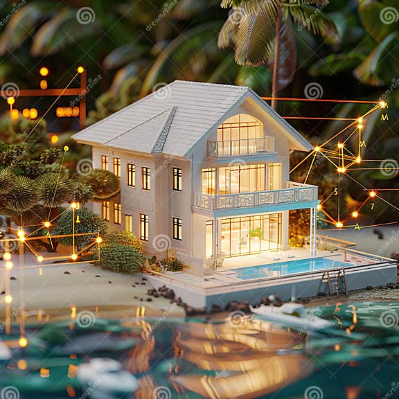 Luxurious Beachfront Smart Home with Pool at Night Stock Illustration ...