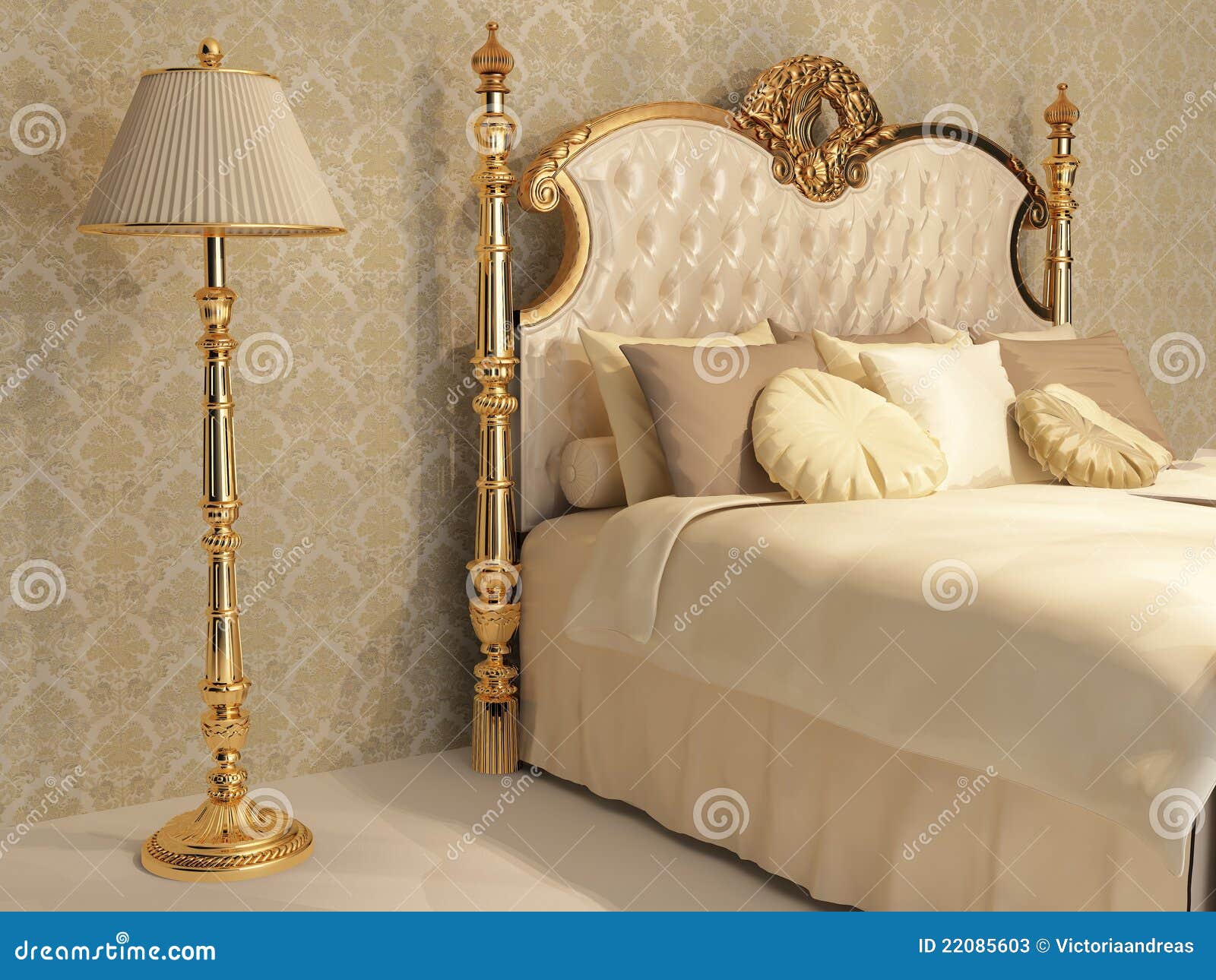 Luxurious Bed with Golden Frame and Stand Stock Image - Image of ...