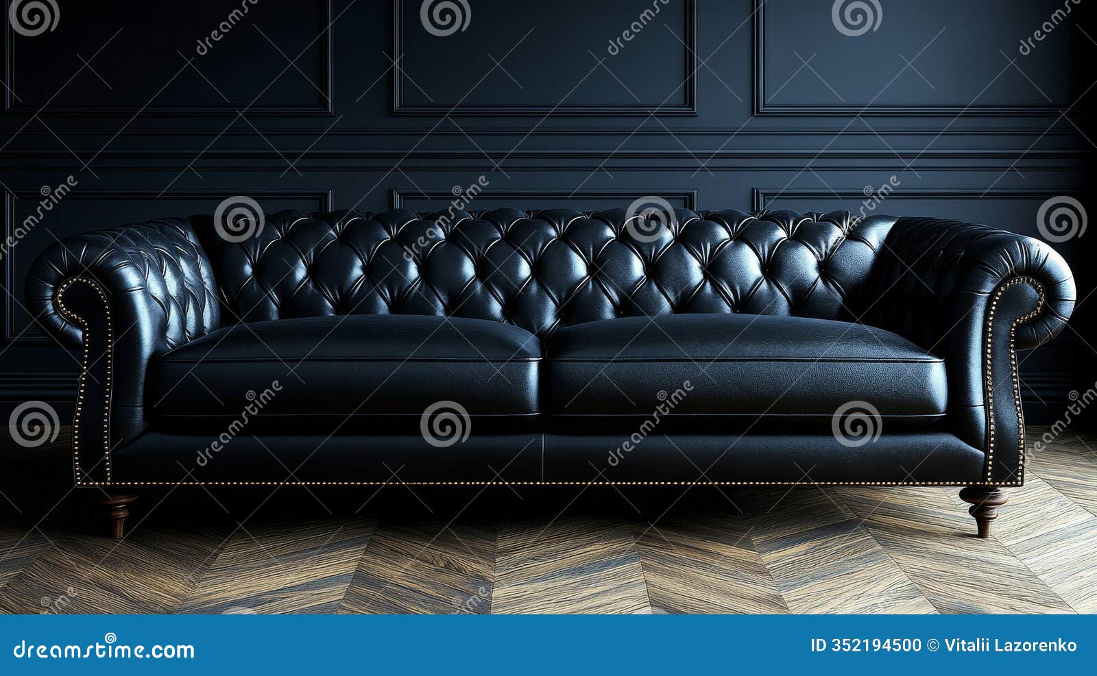 Luxurious Black Tufted Leather Sofa in Elegant Dark Room Interior ...