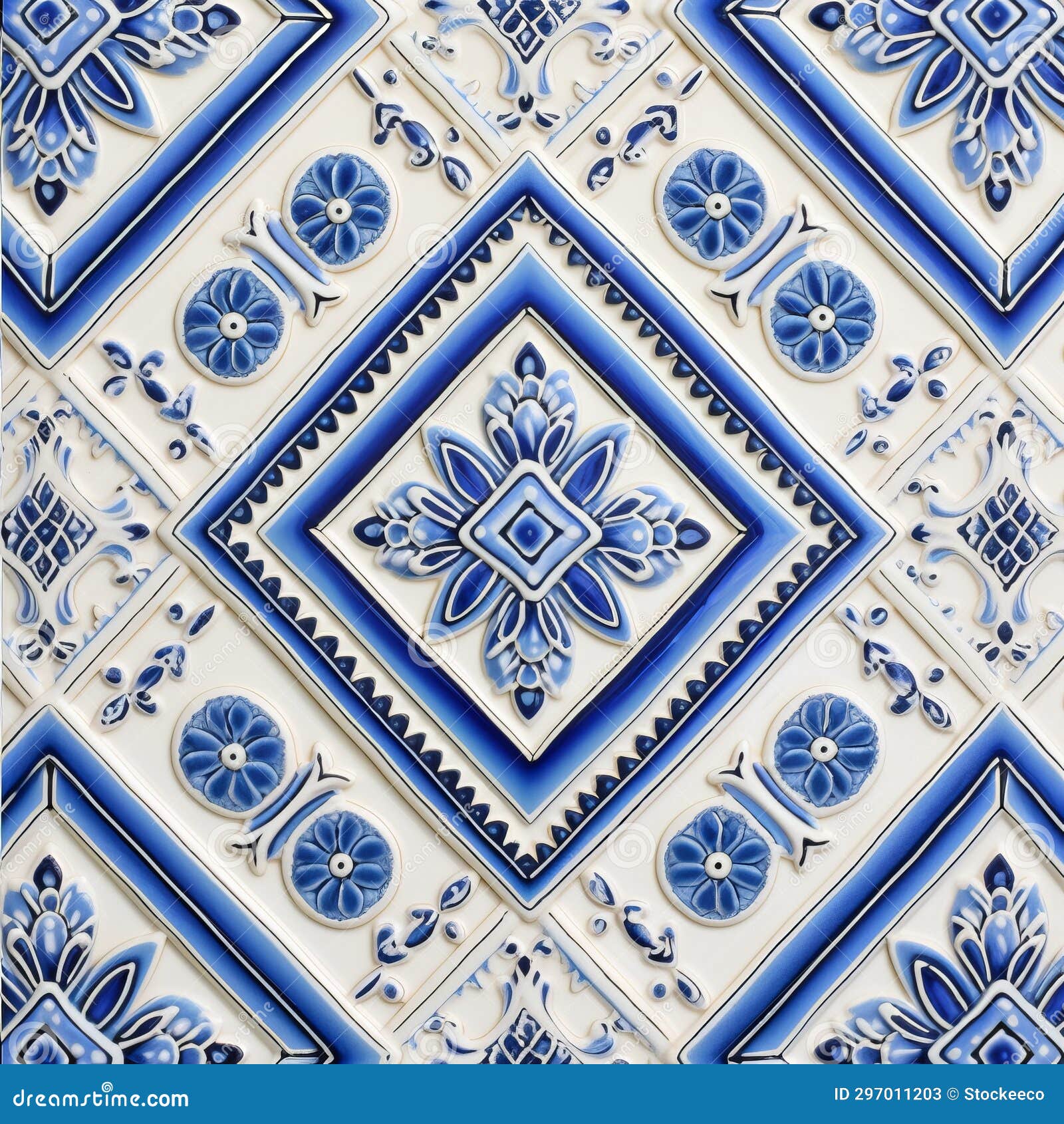 Luxurious Blue and White Ceramic Tile with Floral Pattern Stock ...