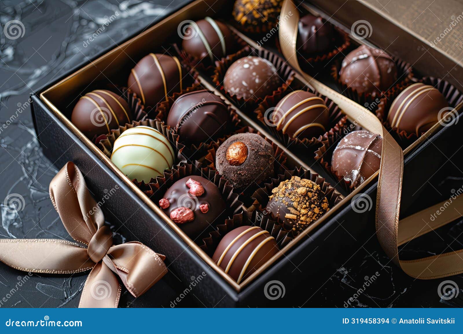 A Luxurious Box of Assorted Chocolates, Elegantly Decorated, Placed on ...