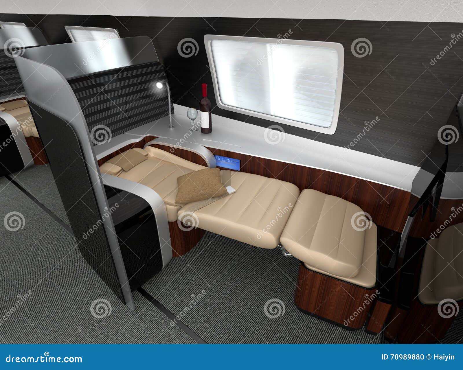 Luxurious Business Class Cabin Interior. Each Seat Divided By Frosted ...