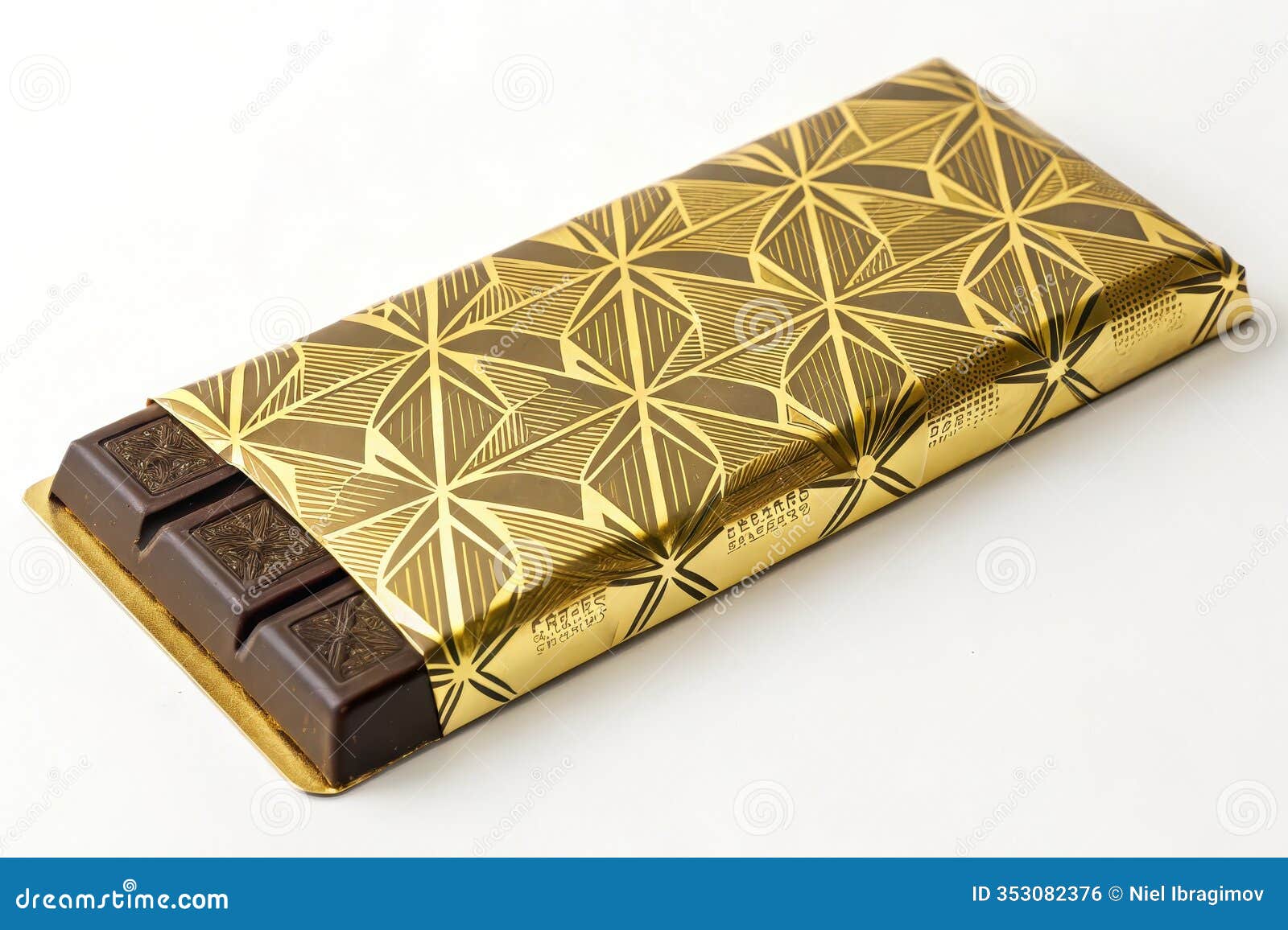 Luxurious Chocolate Bar in Decorative Gold Geometric Packaging on White ...
