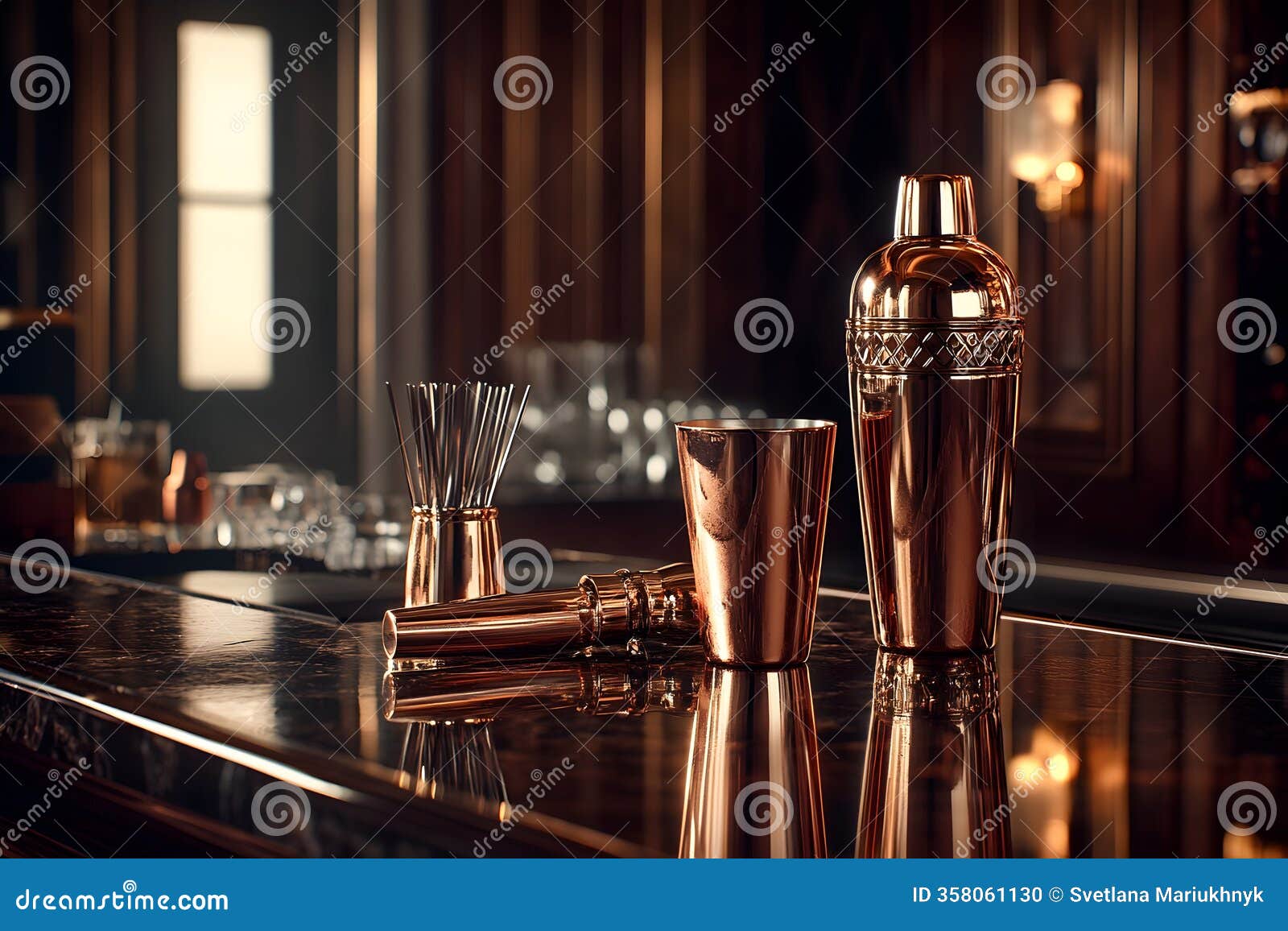 Luxurious Copper Cocktail Shaker Set on Elegant Bar Counter in Dim ...