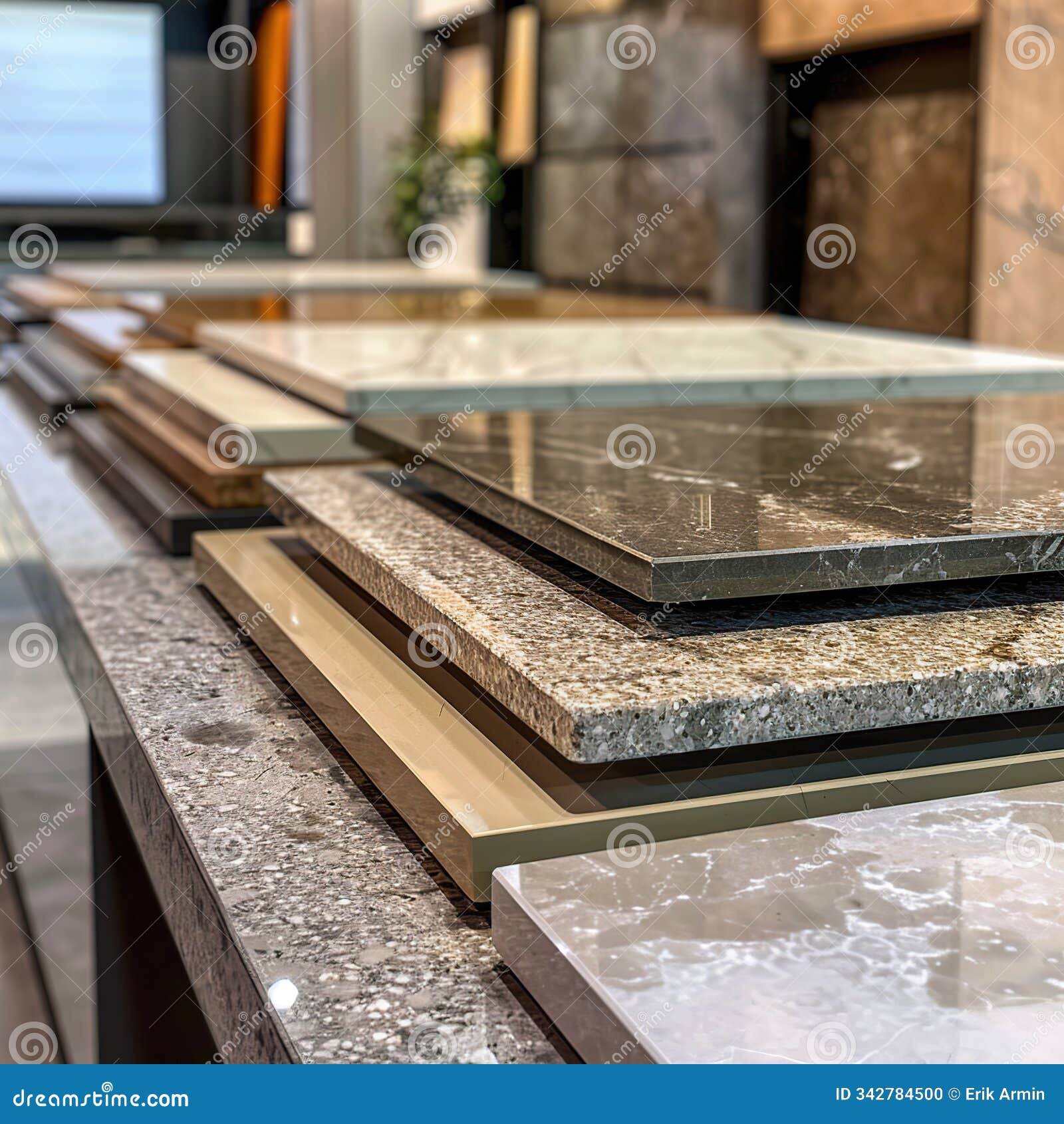 Luxurious Countertop Materials on Display, Including Granite, Marble ...