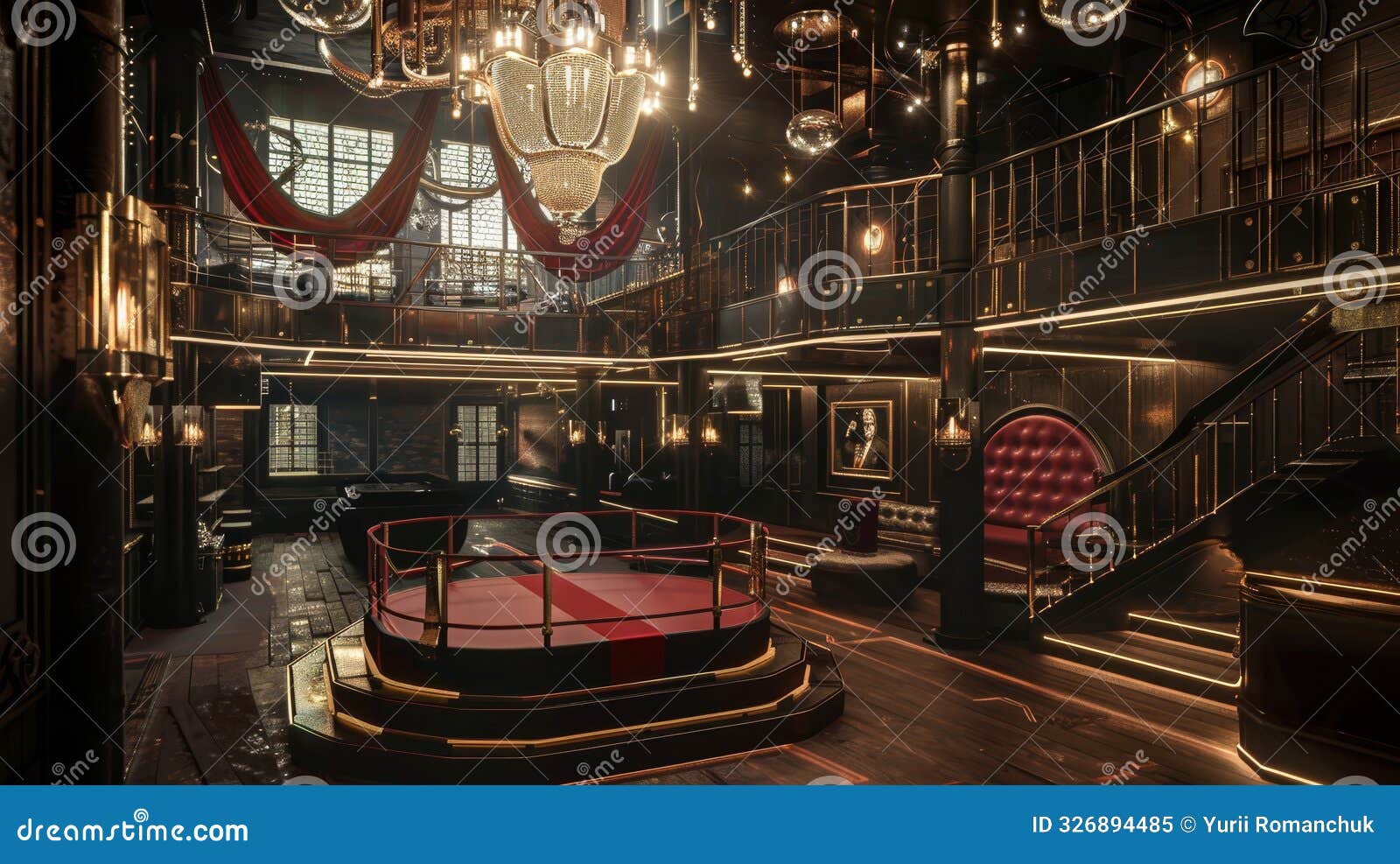 Luxurious Cyberpunk Speakeasy with a Boxing Ring in a Lower Level ...