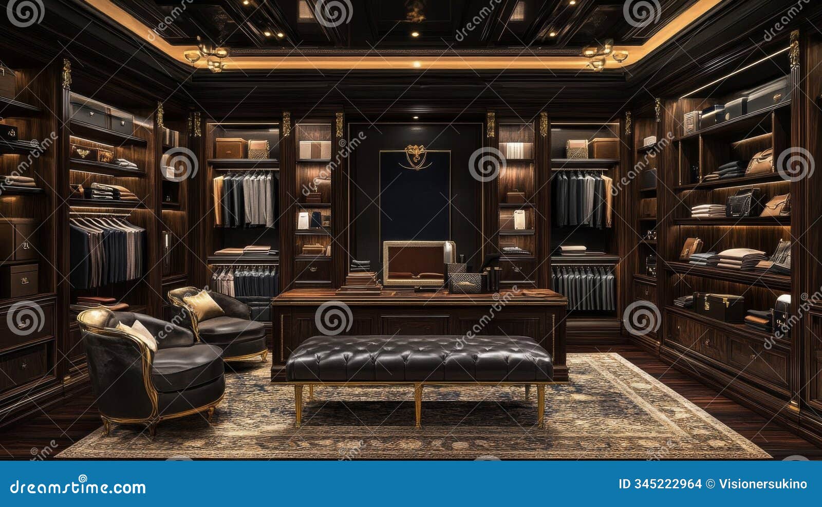 Luxurious Dark Wood Walk-in Closet with Seating and Desk Stock Photo ...