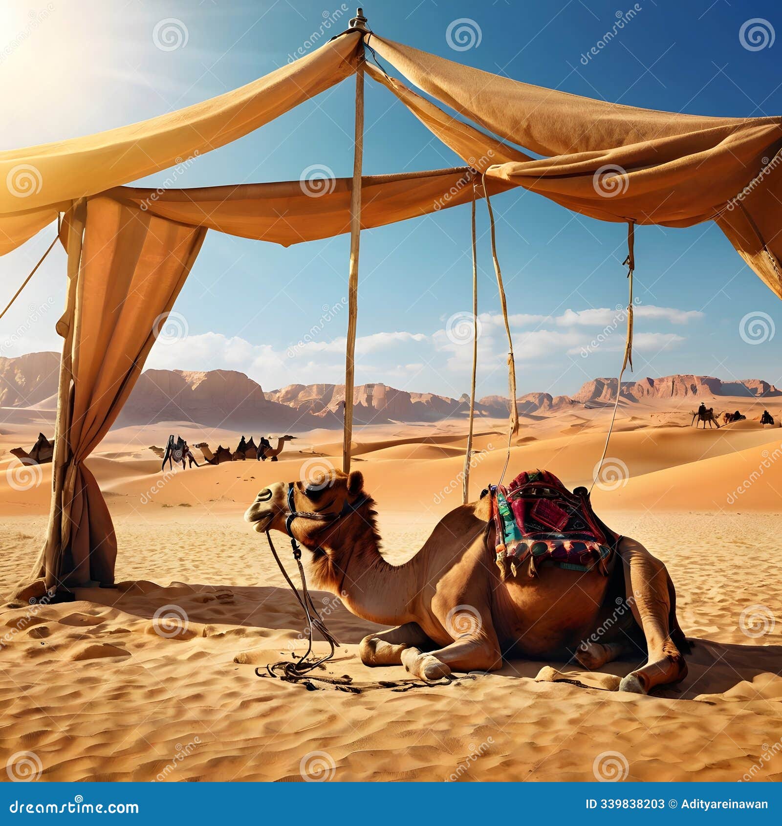 Luxurious Desert Scene with Camels and Tent Stock Illustration ...