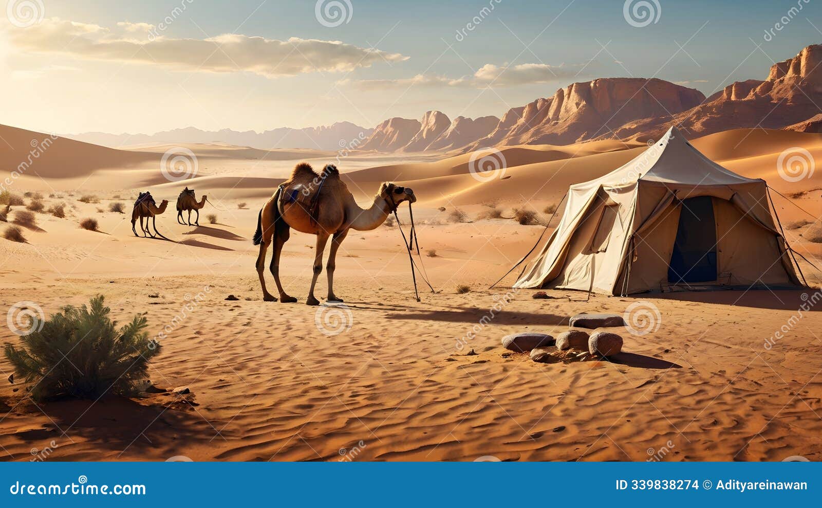 Luxurious Desert Scene with Camels and Tent Stock Illustration ...