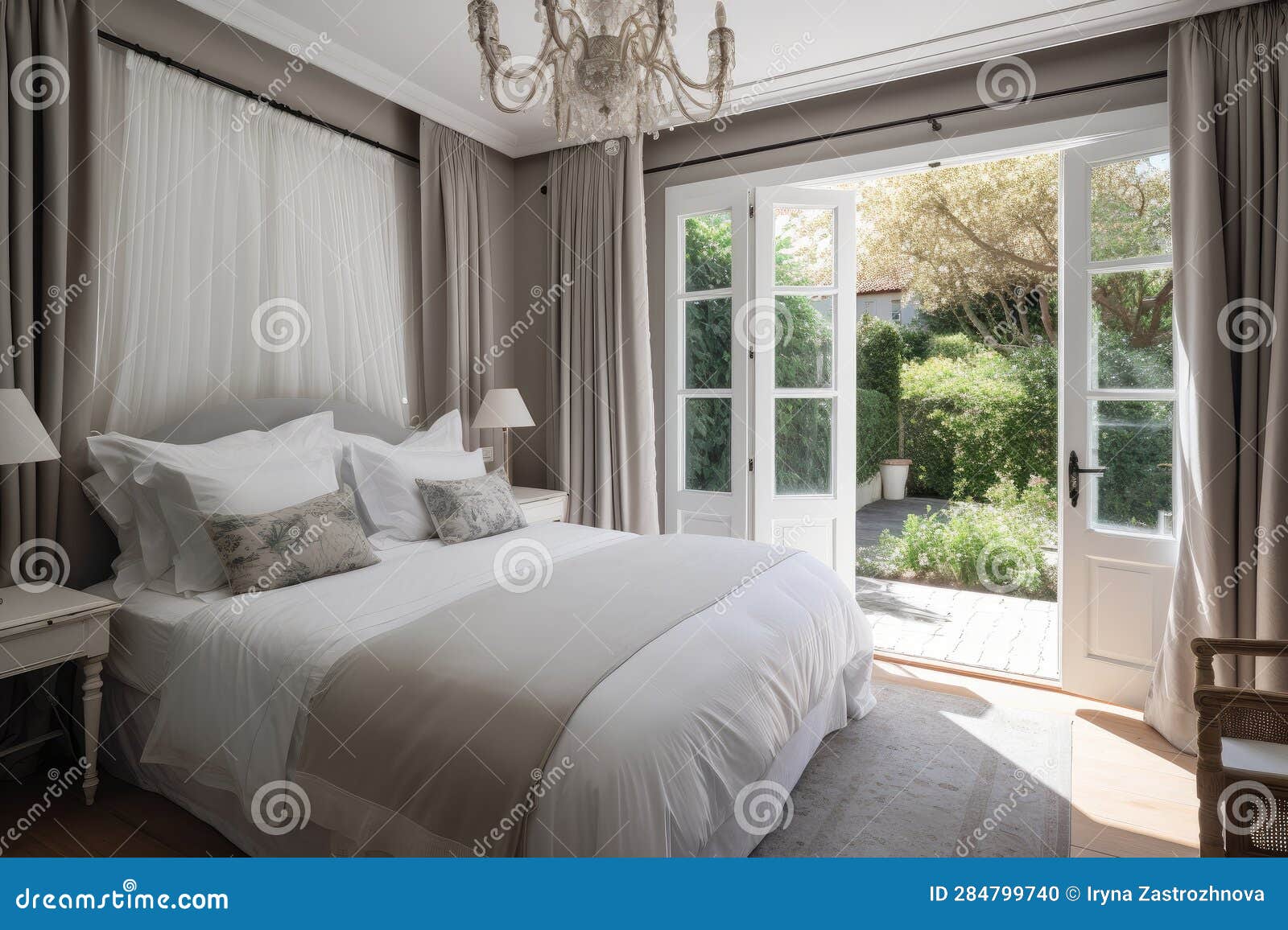 Luxurious Double Bedroom Overlooking the Garden Terrace Stock ...