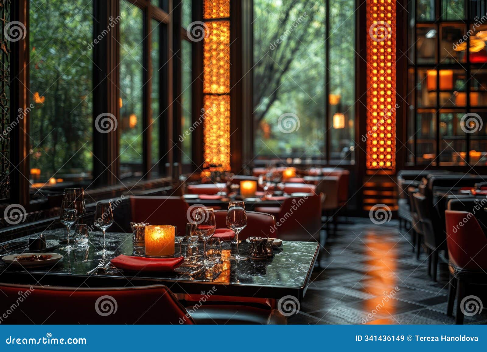 Luxurious Empty Restaurant Interior Design with Big Windows Showing ...