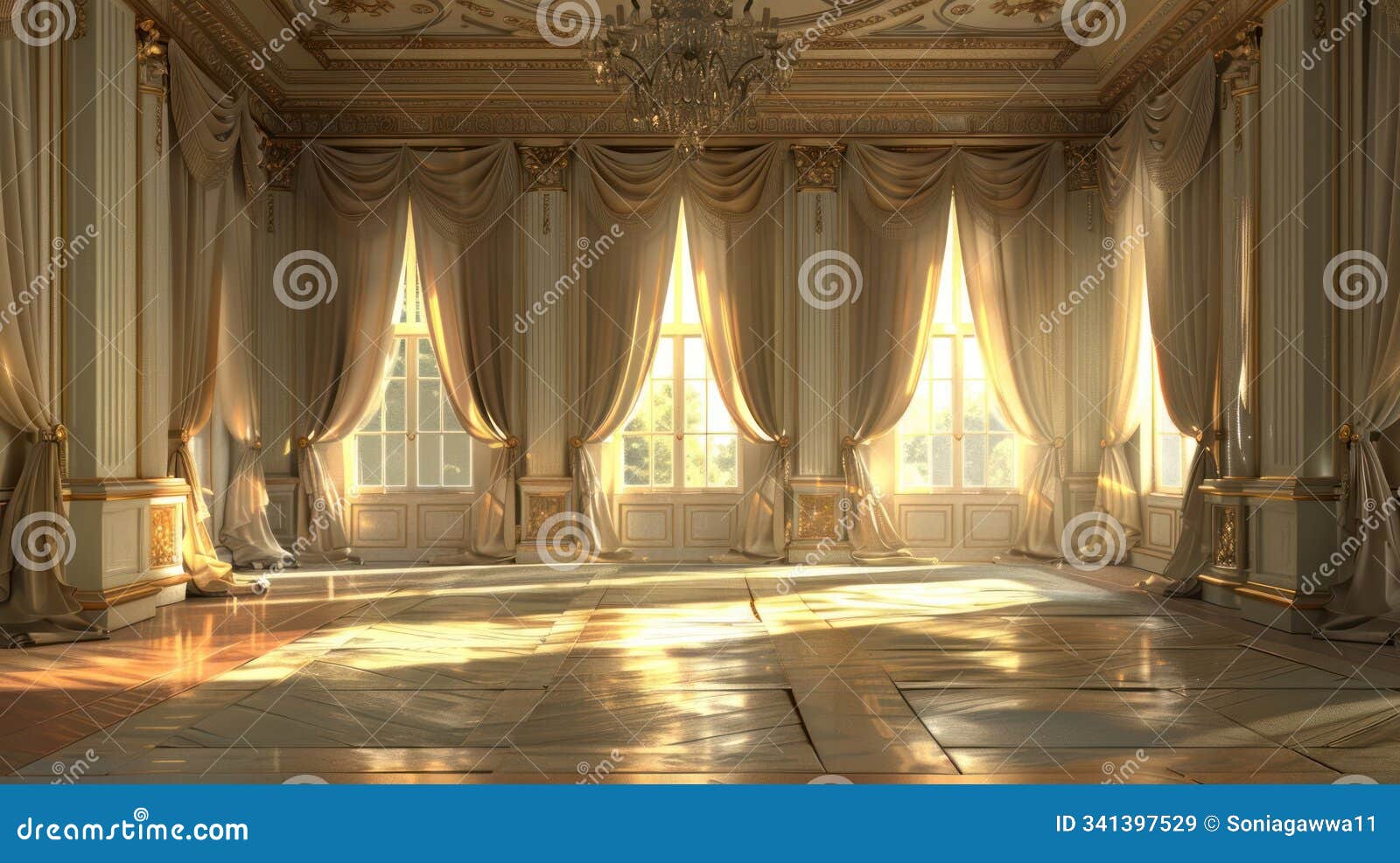 Luxurious Empty Room with Large Windows, Gold Trim, and Marble Floors ...