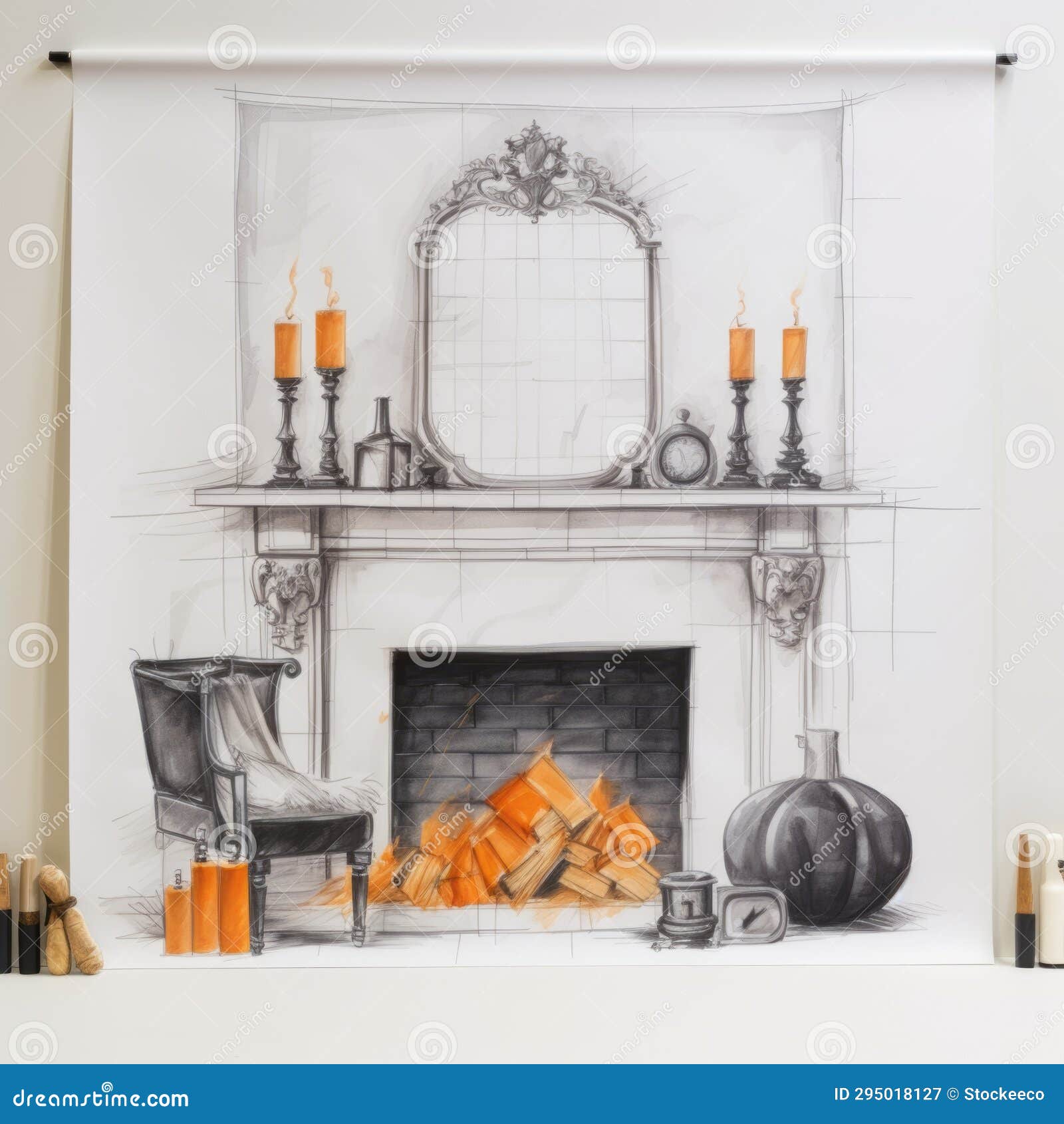 Luxurious Fireplace Drawing with Pumpkins and Candles for Halloween ...