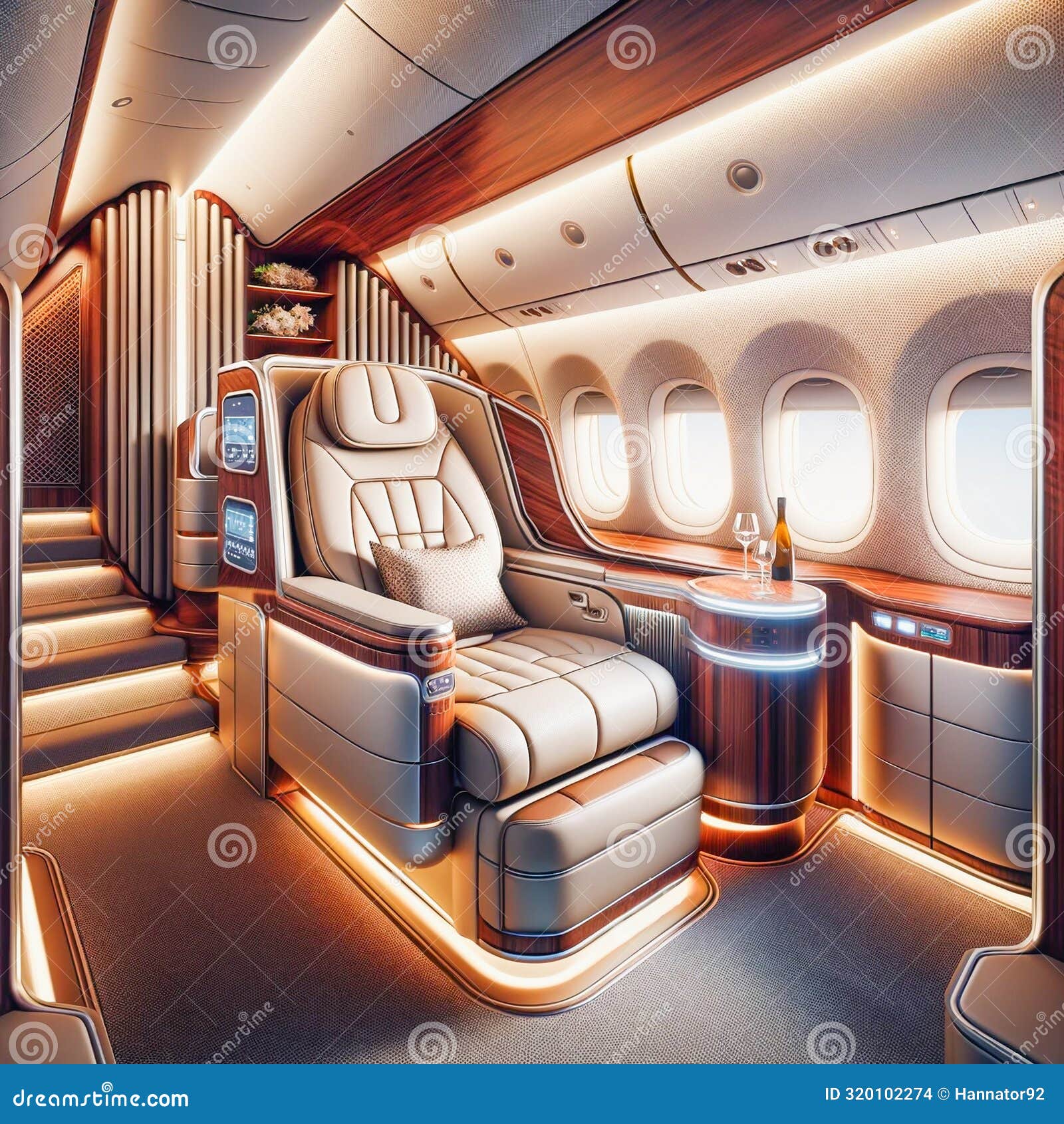 Luxurious First-class Airplane Cabin Interior with Spacious Leather ...