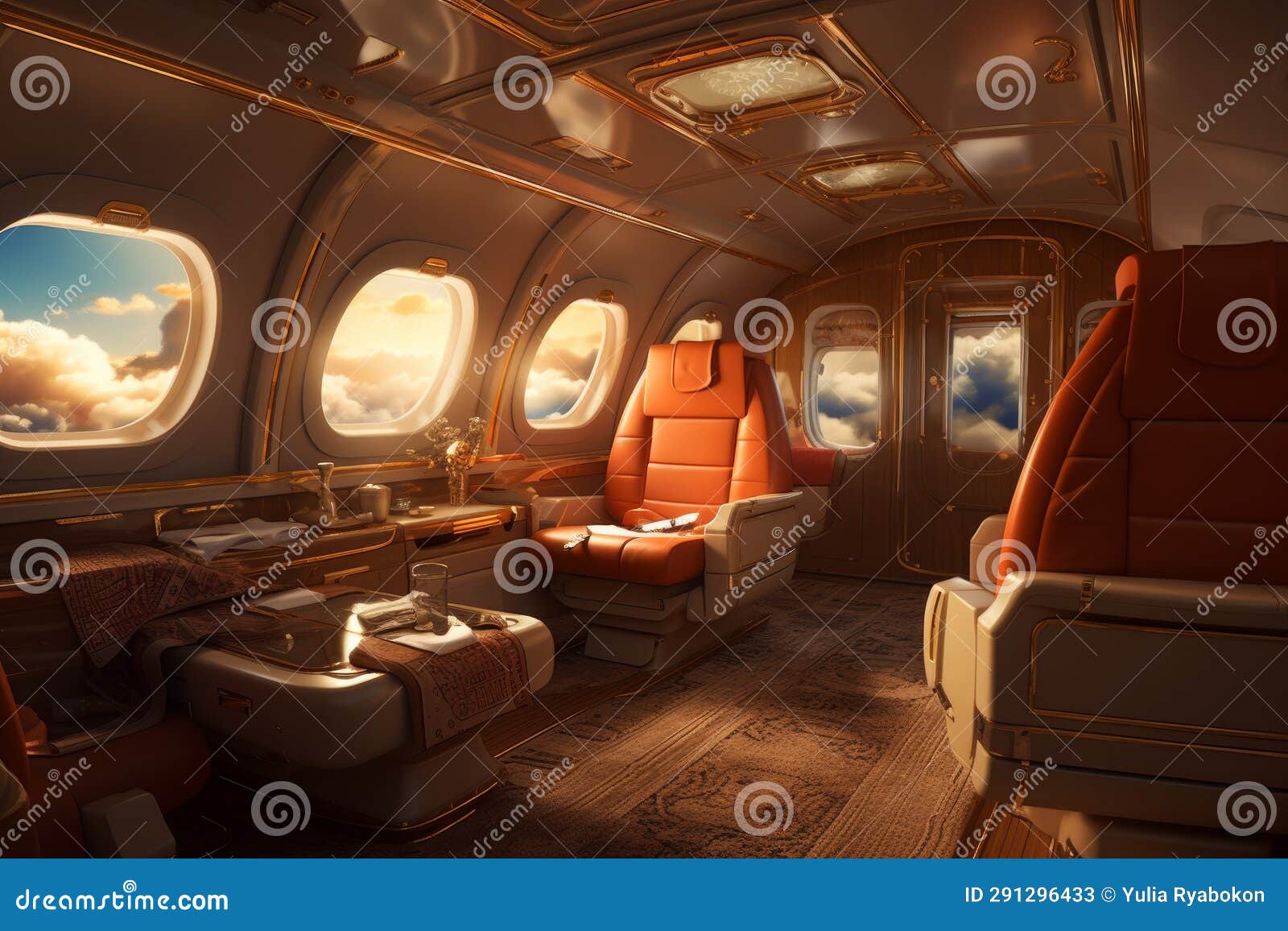 Luxurious First Class Cabin Interior With Leather Seats And Natural ...
