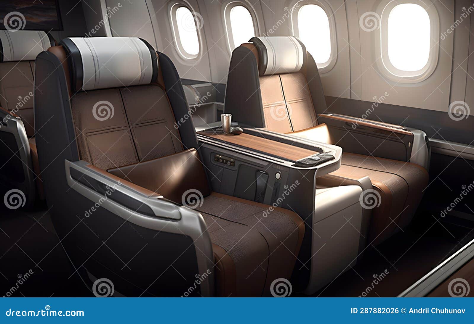Luxurious First Class Cabin Interior With Leather Seats And Natural ...