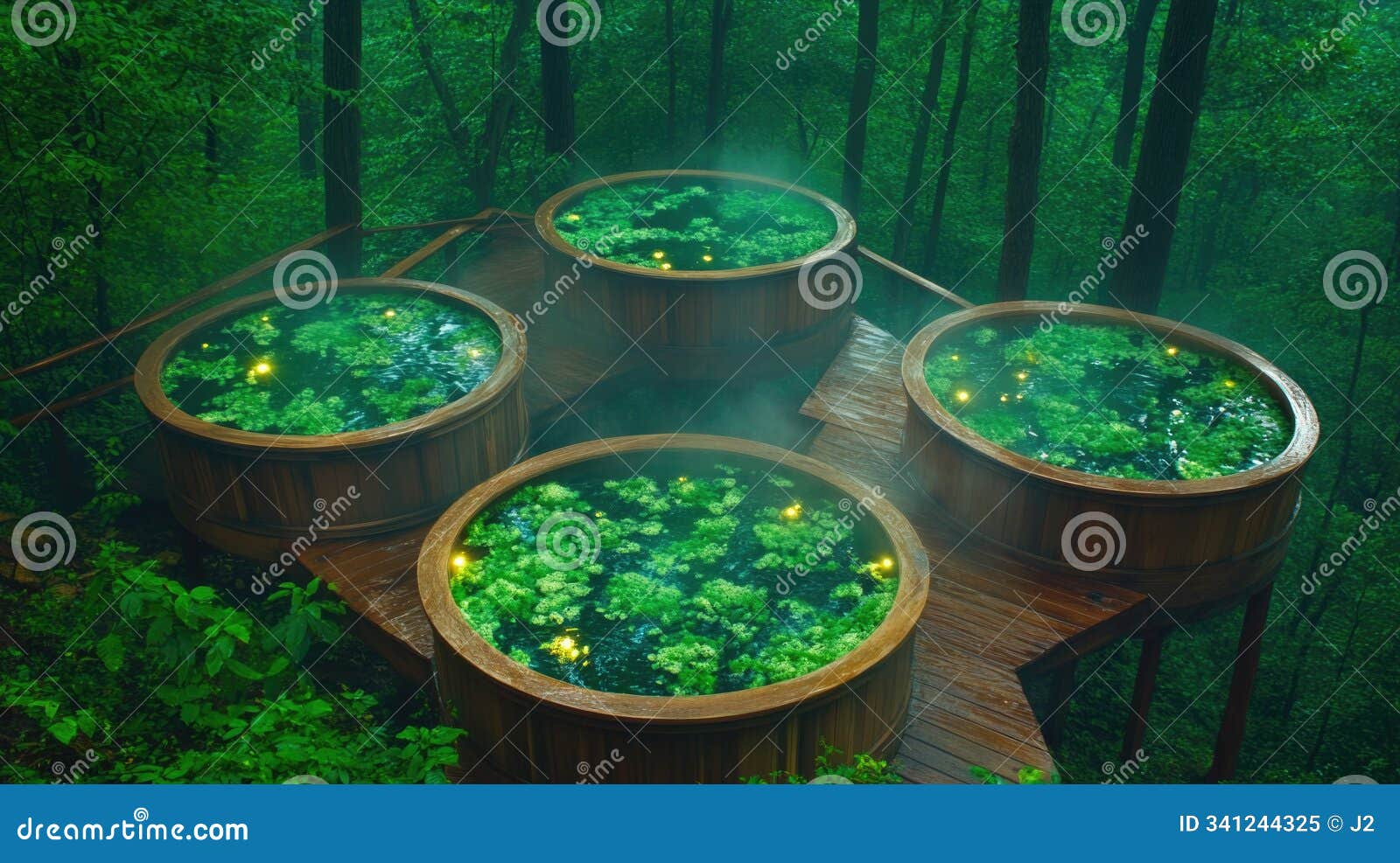 Luxurious Forest Hot Tubs with Lush Greenery and Soft Ambient Lighting ...