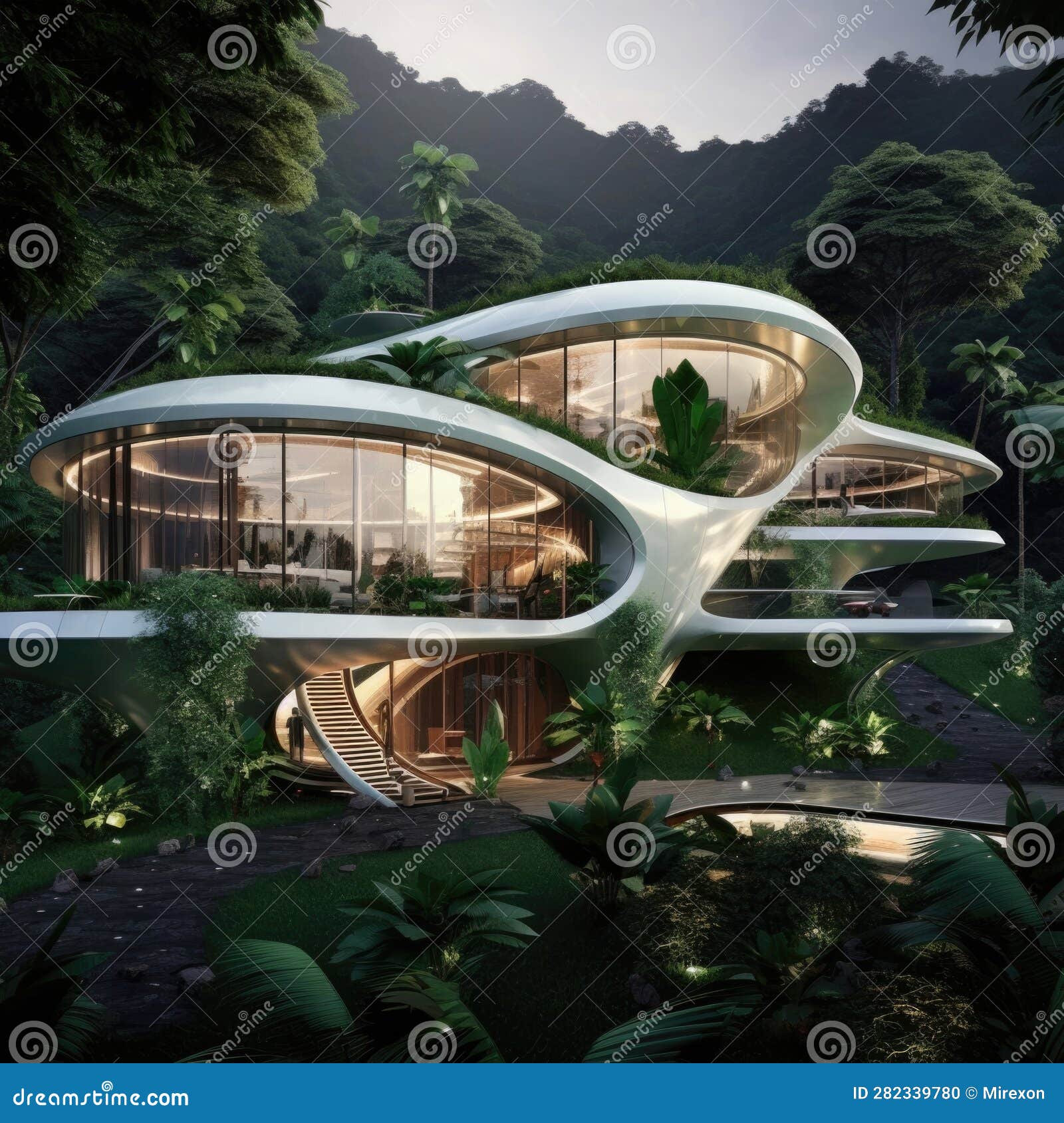 Luxurious Futuristic House Built in Tropical Forest Stock Illustration ...