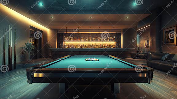 Luxurious Game Room with Pool Table, Bar, and Comfortable Seating Stock ...