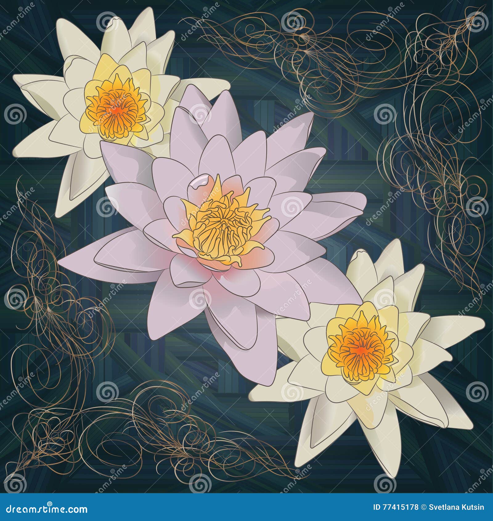 Luxurious Gold Pattern of Lotus Flowers and Stylized Waves on a Dark ...