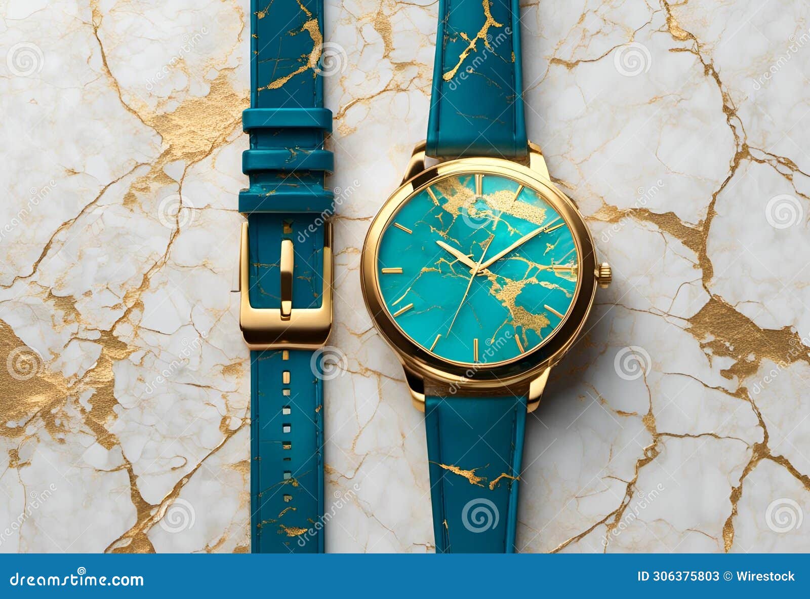 Luxurious Gold and Teal Watch Elegantly Placed on a Sleek Marble Floor ...