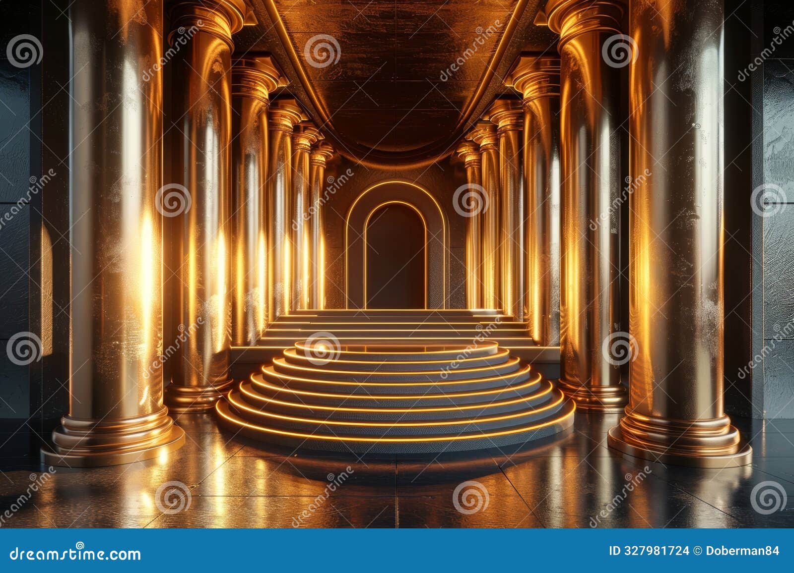 Luxurious Golden Stage with Pillars, Empty 3D Podium in Elegant ...