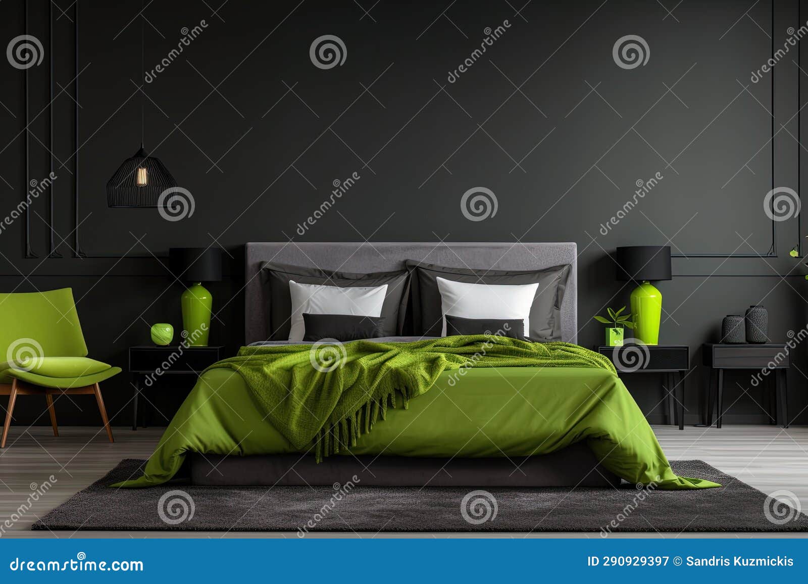 Luxurious Grey Bedroom with Lime Green Accents. Generative AI. Stock ...
