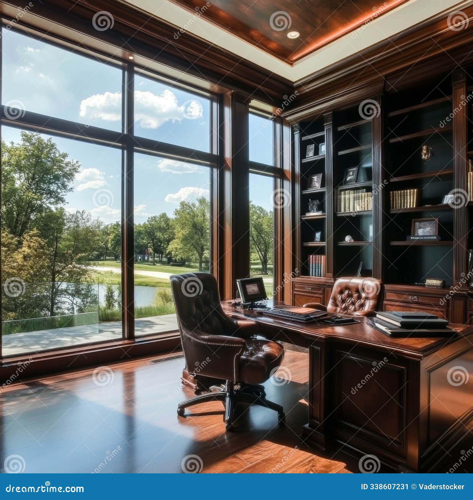 Luxurious Home Office with Large Windows and Built-in Bookcases Stock ...
