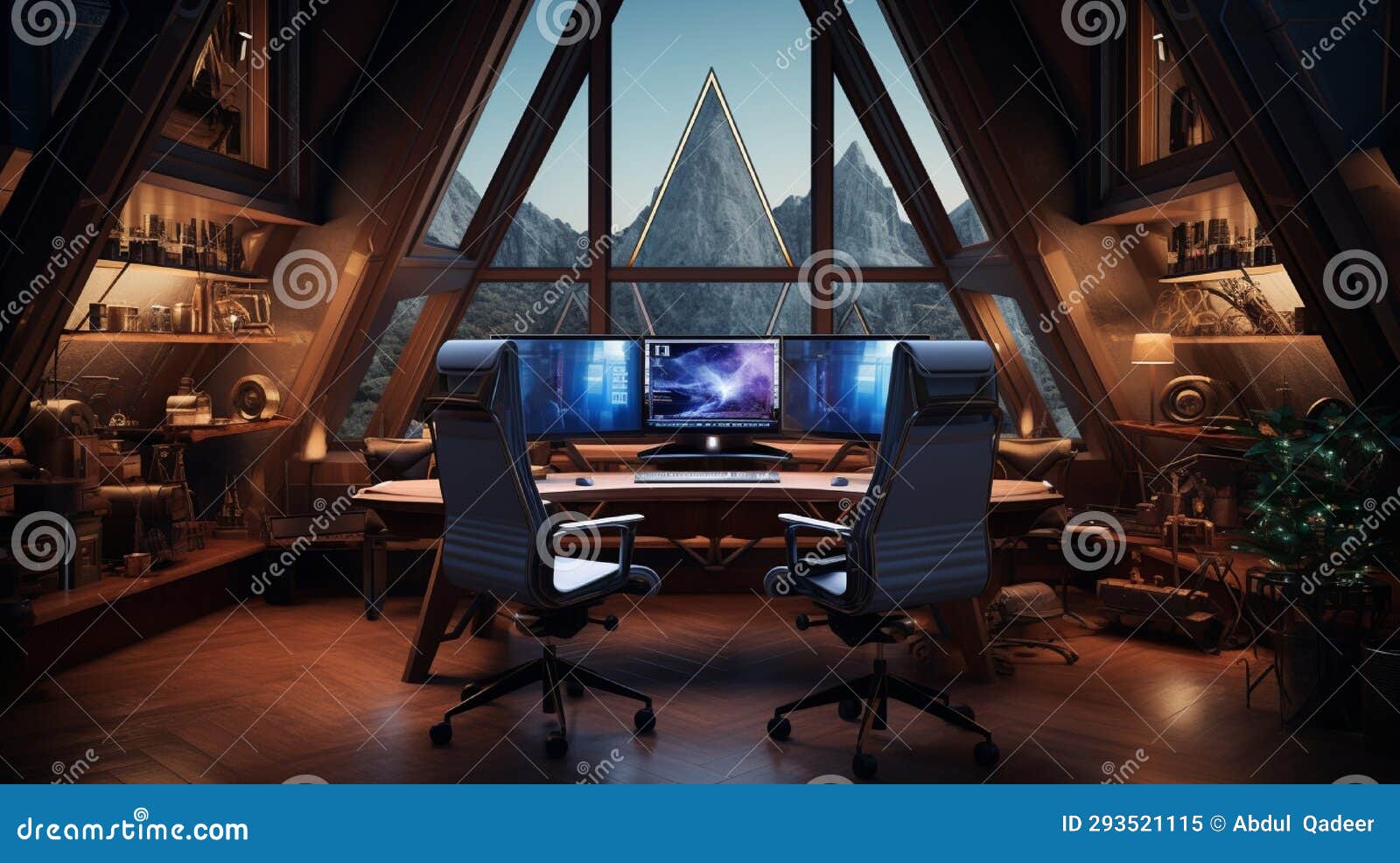 A Luxurious Home Office Setup with a Sleek Mahogany Desk. Stock ...