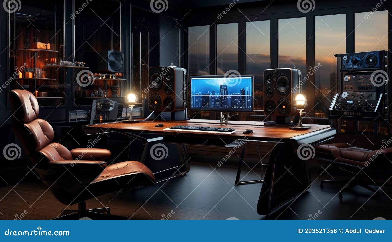 A Luxurious Home Office Setup with a Sleek Mahogany Desk. Stock Photo ...