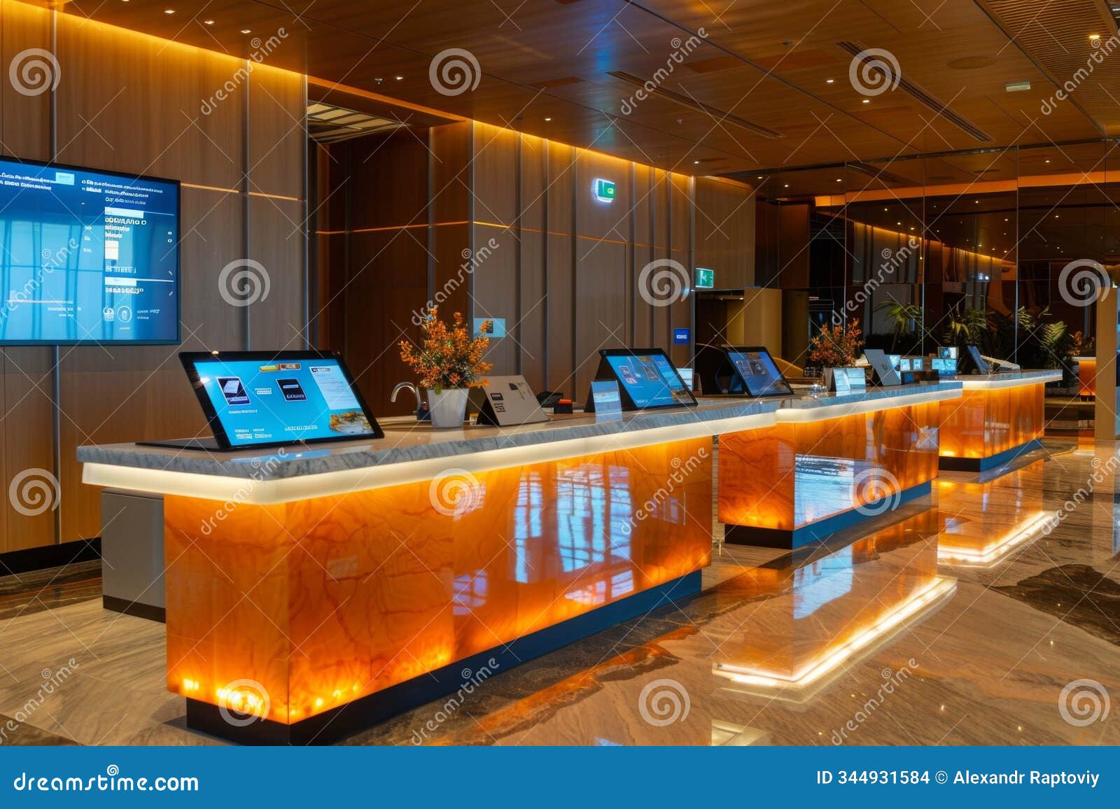 Luxurious Hotel Reception Interior Featuring Elegant Marble and Wood ...