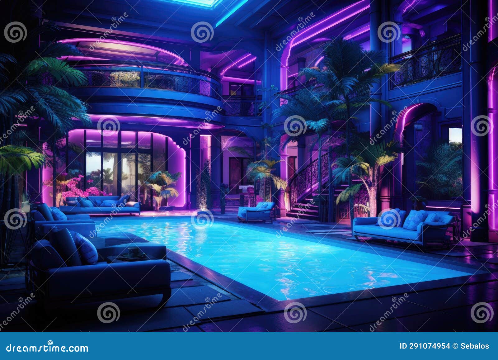 A Luxurious Indoor Pool, Bathed in Neon Lights Stock Illustration ...