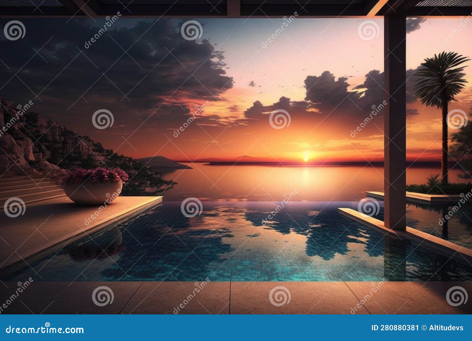 Luxurious Infinity Pool with Stunning View of the Sunset Stock ...