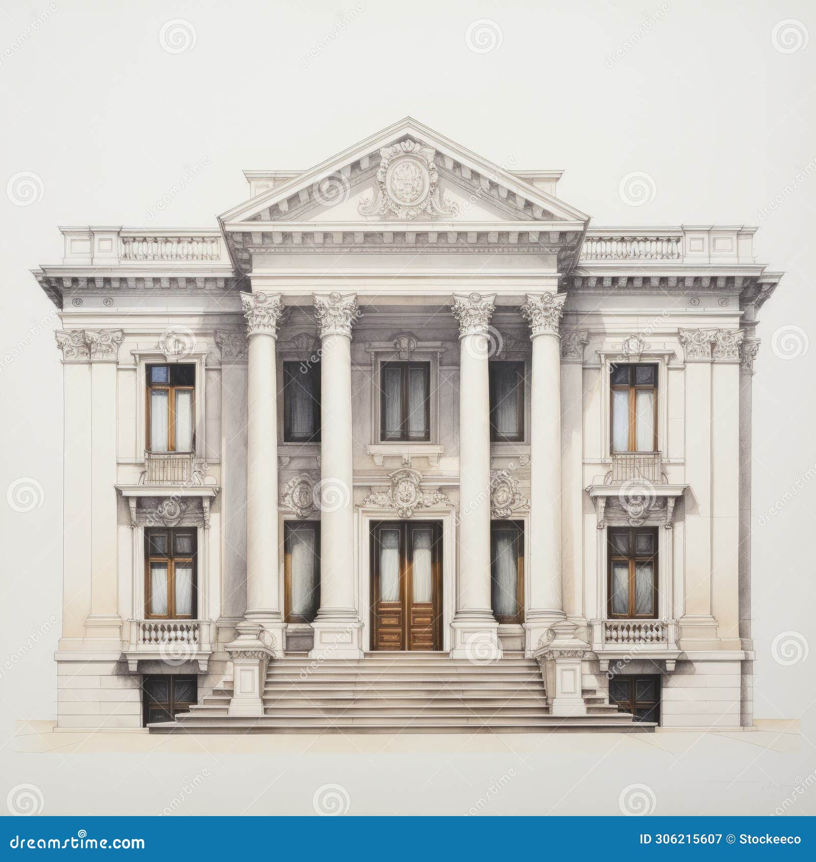 Luxurious Ink Drawing of Classical Revival Building with Ornate ...