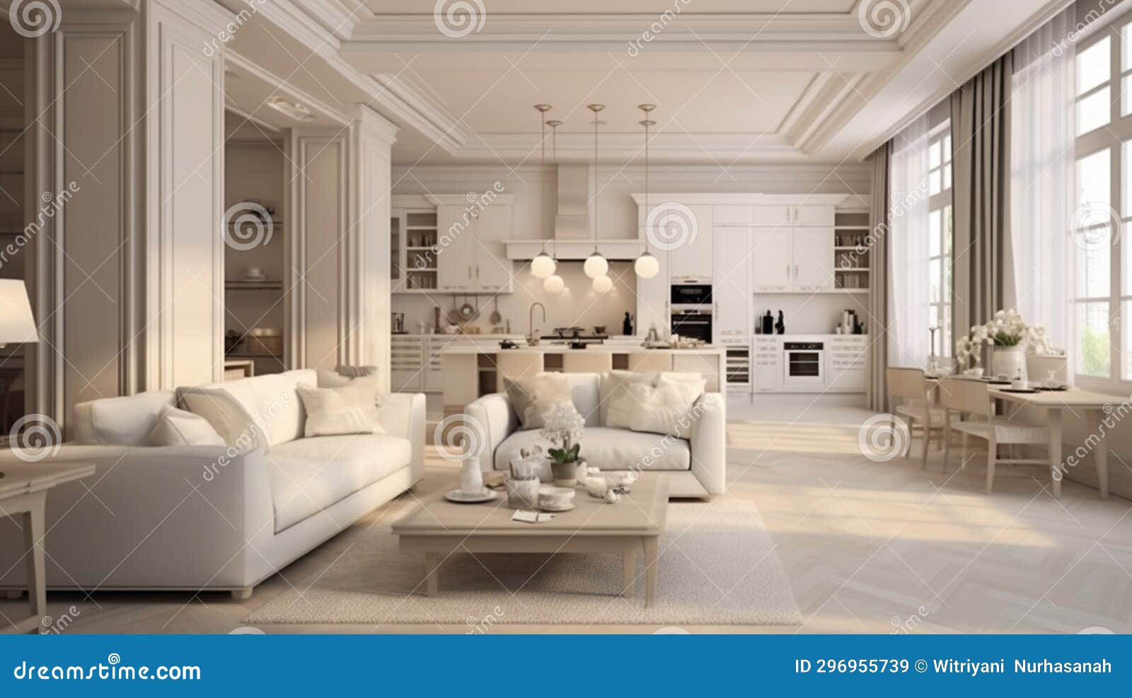 Luxurious Interior Design Living Room and White Kitchen. Open Plan ...