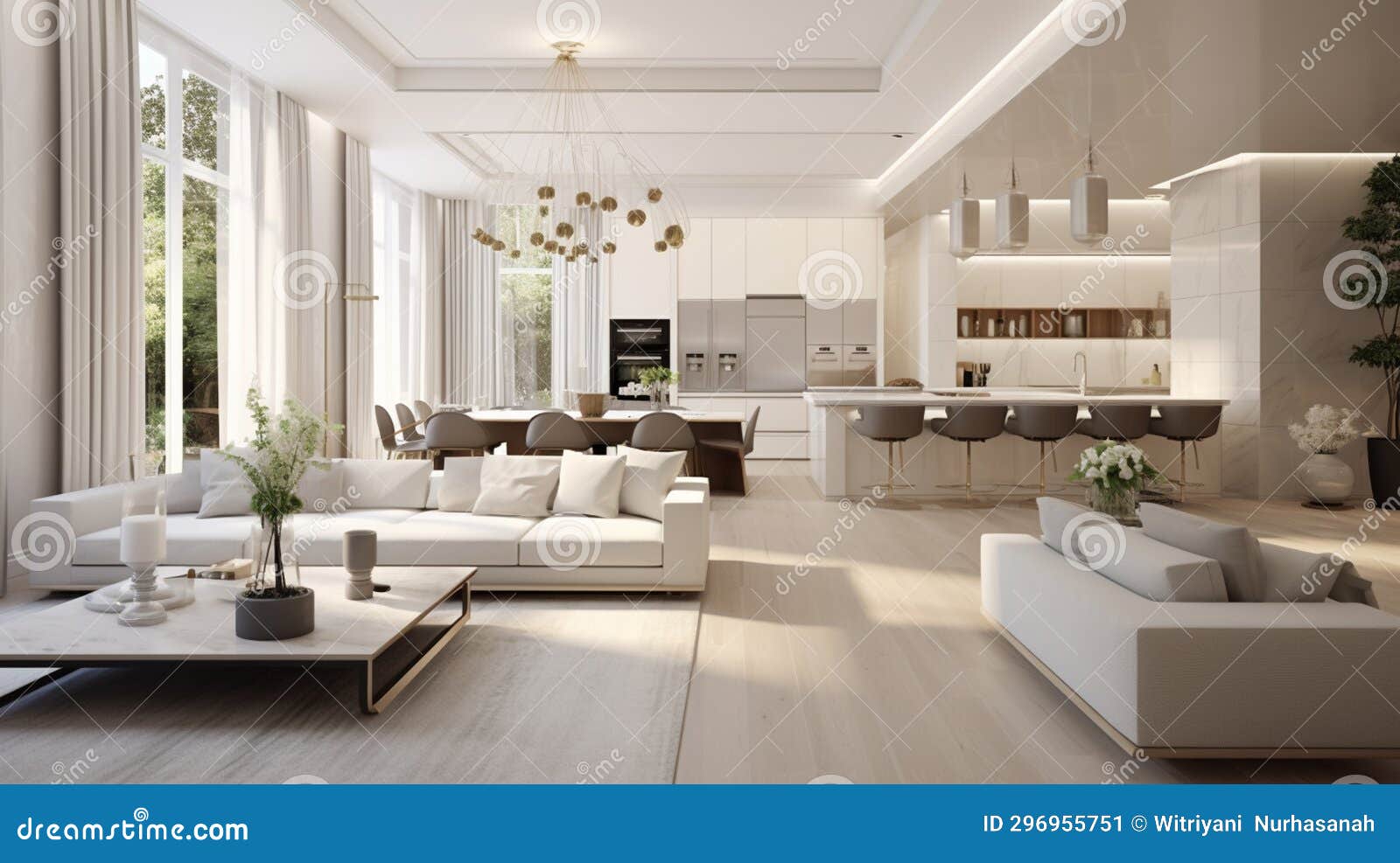 Luxurious Interior Design Living Room and White Kitchen. Open Plan ...