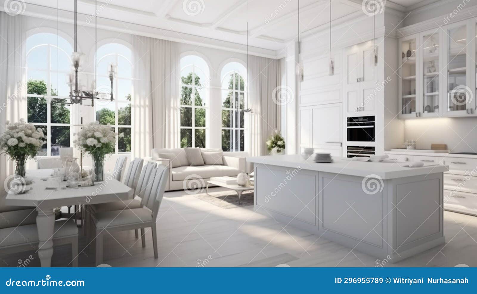Luxurious Interior Design of White Kitchen, Dining Room with Windows ...