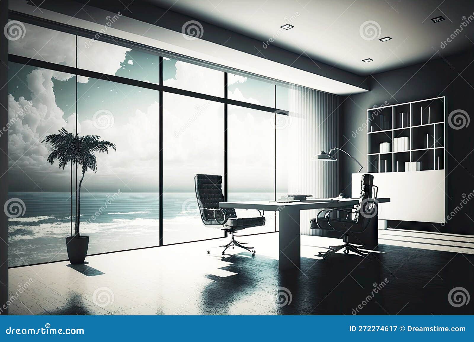 Luxurious Interior of Empty Office on Ocean with View of Coast Stock ...