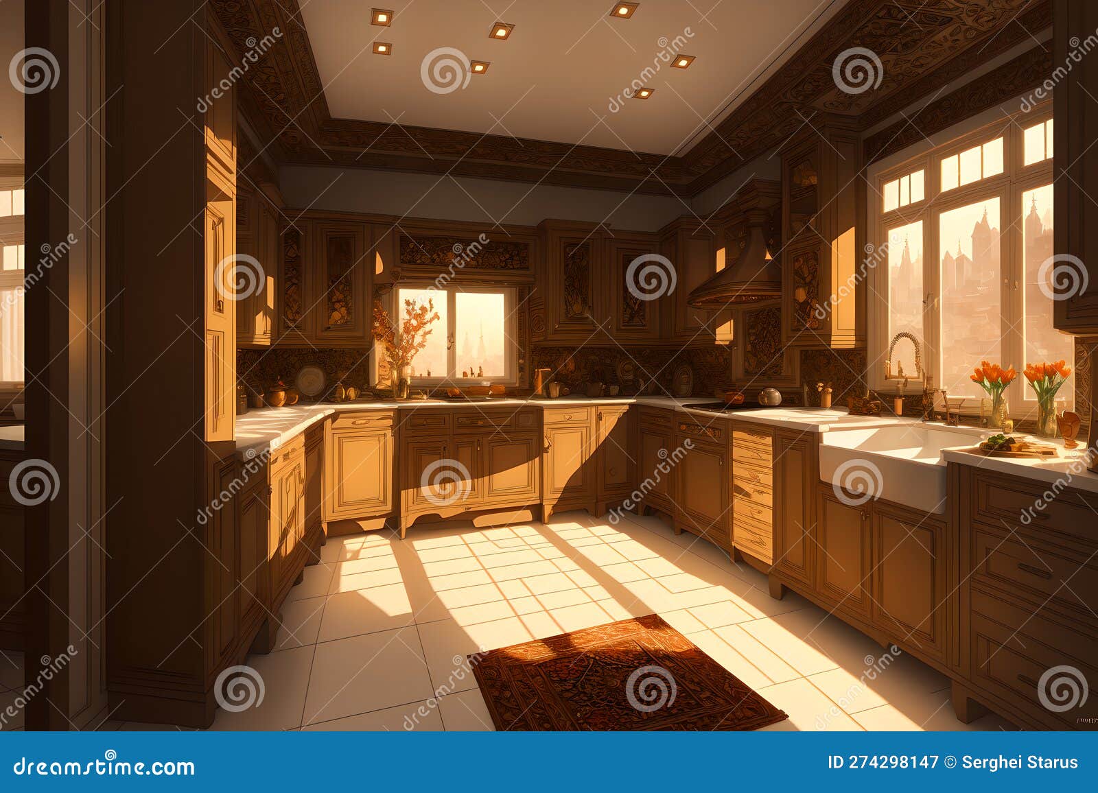 Luxurious Kitchen Interior in a Modern Royal Palace, in Light of Sunset ...