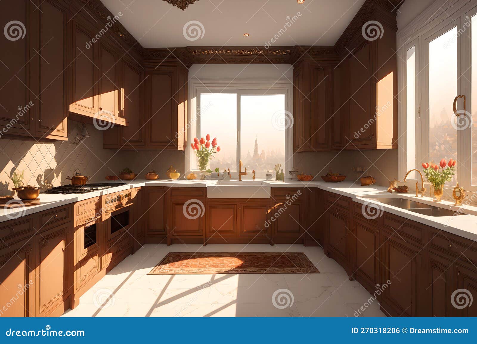 Luxurious Kitchen Interior in a Modern Royal Palace, in Light of Sunset ...