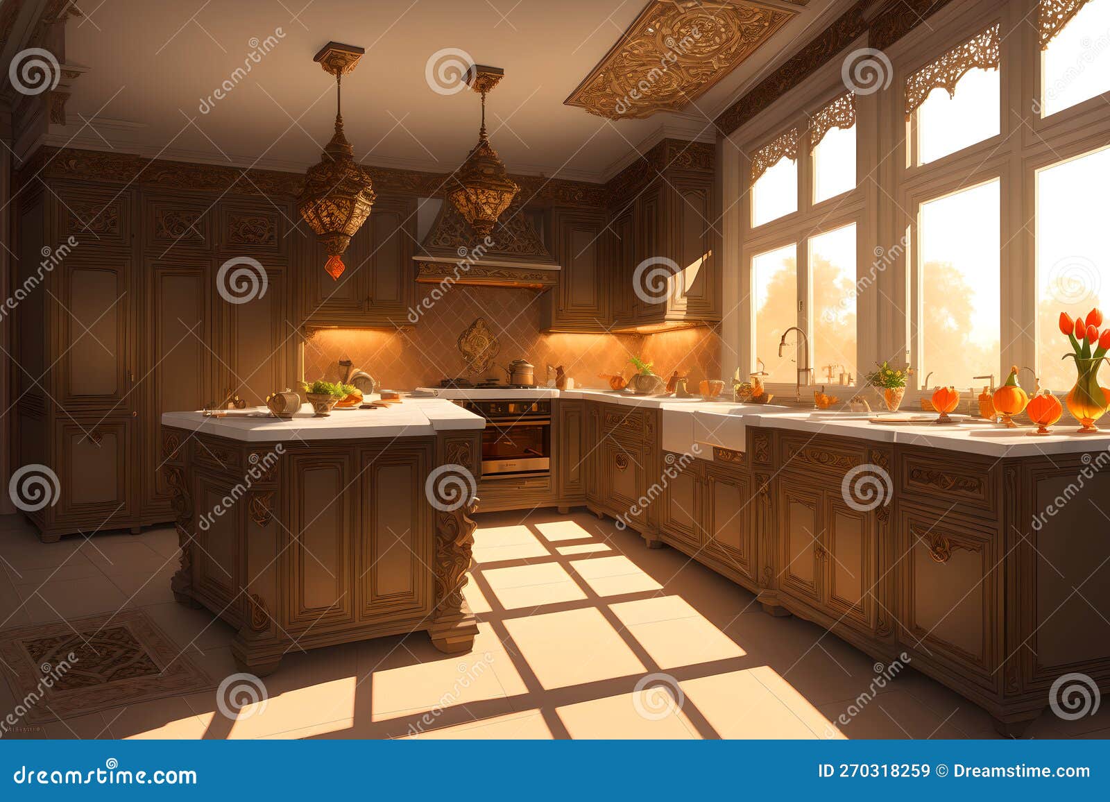 Luxurious Kitchen Interior in a Modern Royal Palace, in Light of Sunset ...