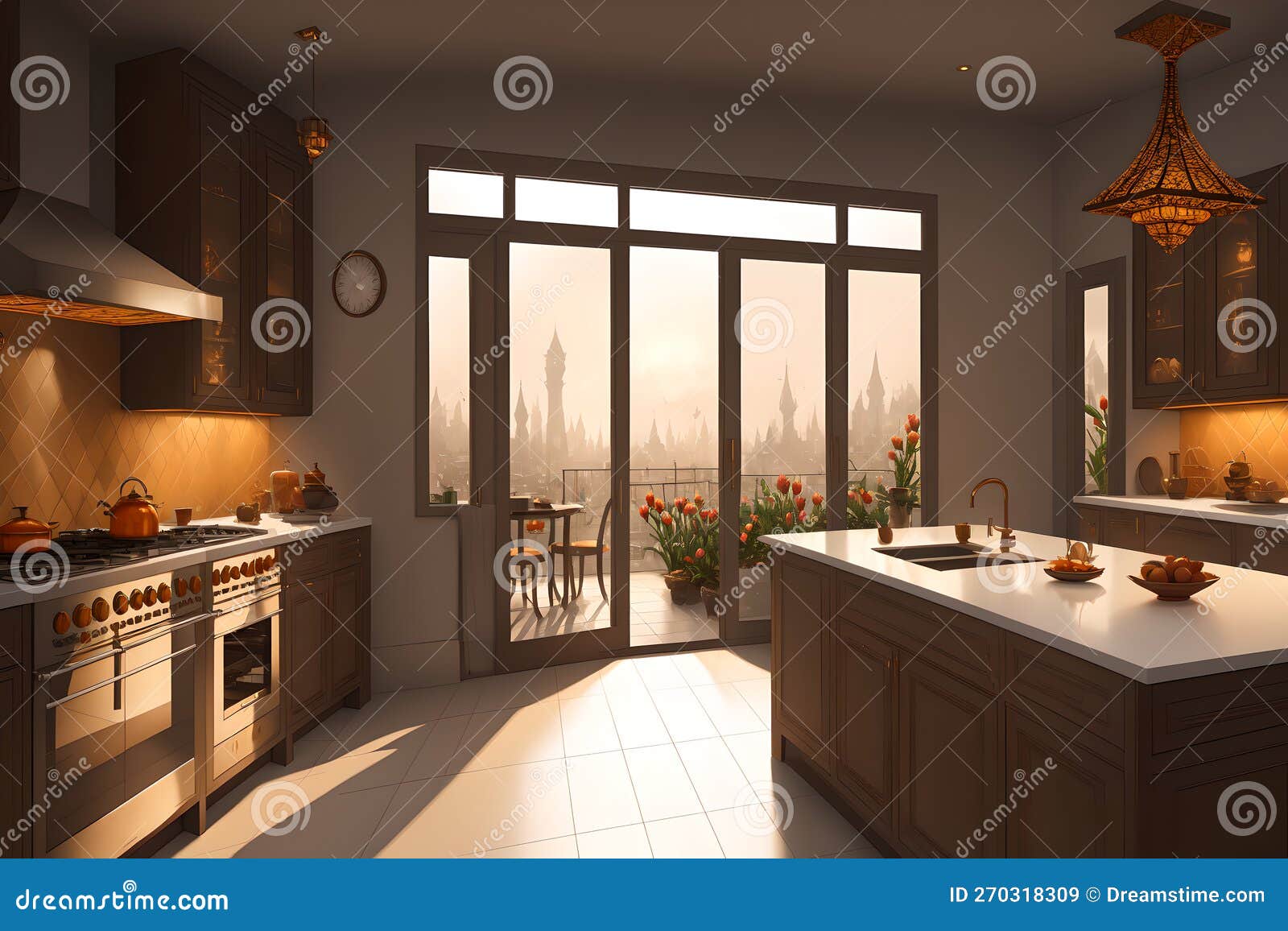 Luxurious Kitchen Interior in a Modern Royal Palace, in Light of Sunset ...