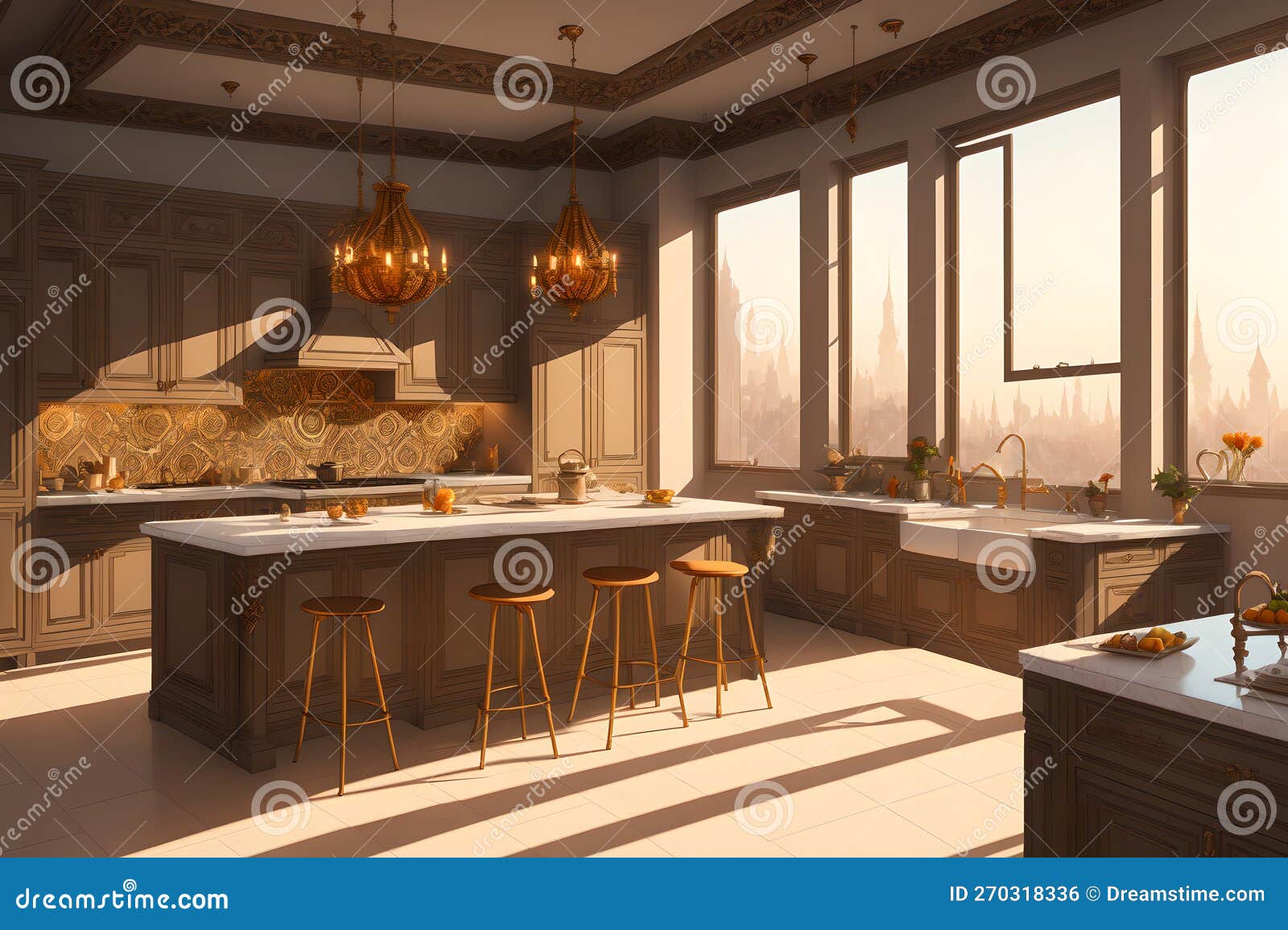 Luxurious Kitchen Interior in a Modern Royal Palace, in Light of Sunset ...