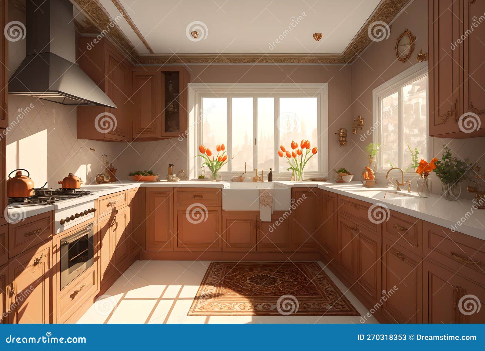 Luxurious Kitchen Interior in a Modern Royal Palace, in Light of Sunset ...