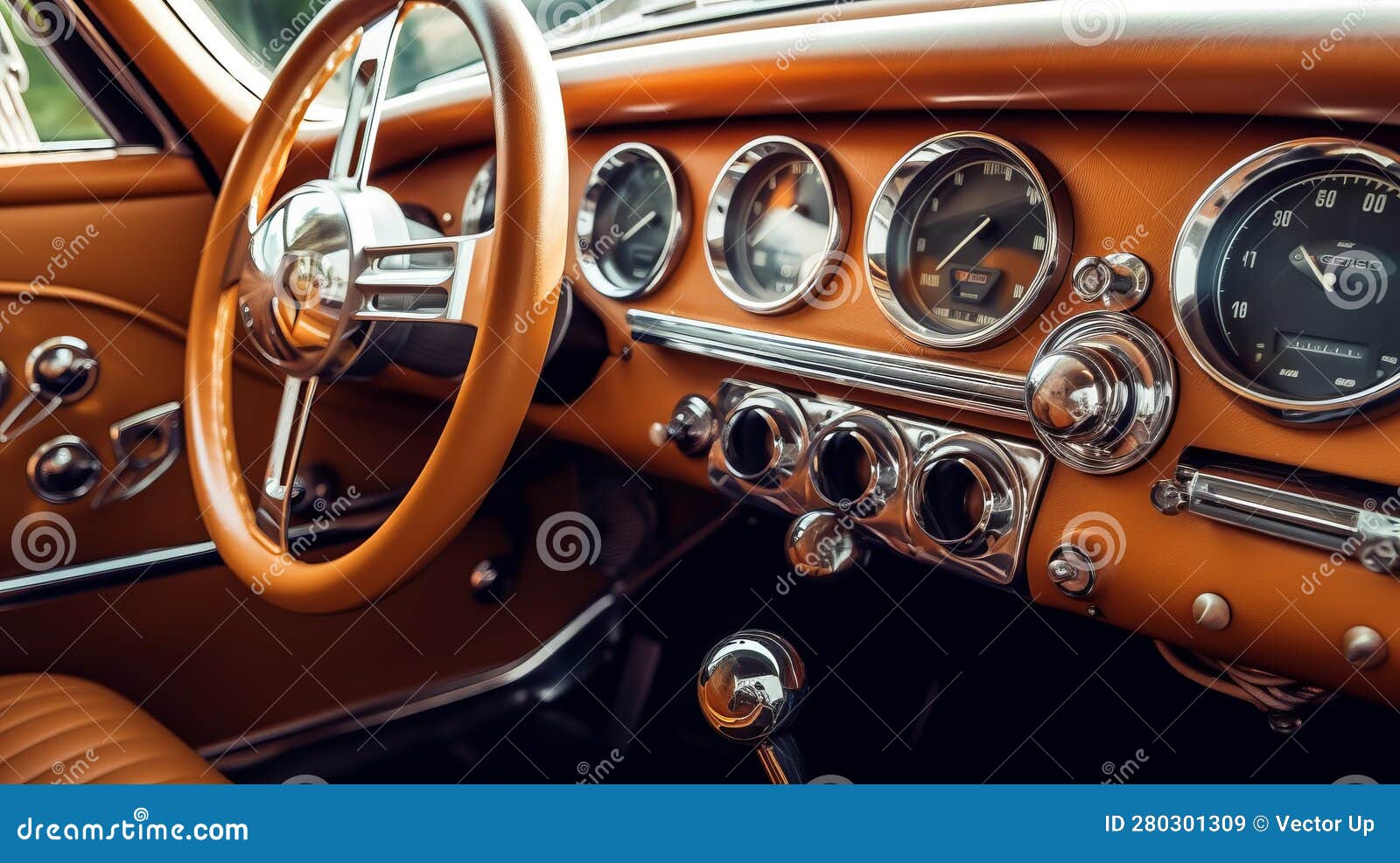 Luxurious Leather Interior Of A Retro Car Control Panel. Generative AI ...