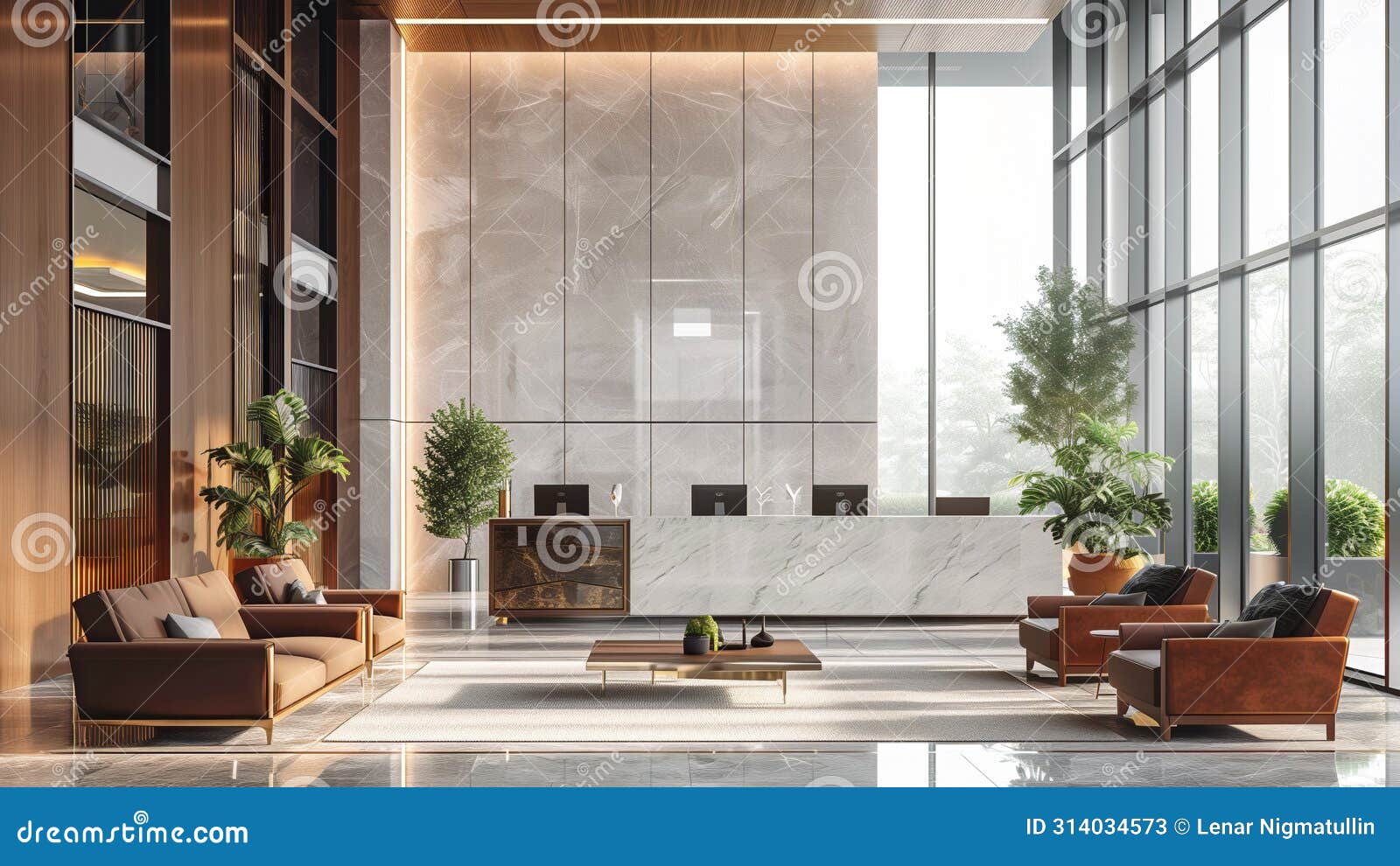 Luxurious Lobby with Marble Reception and Floor-to-ceiling Windows ...