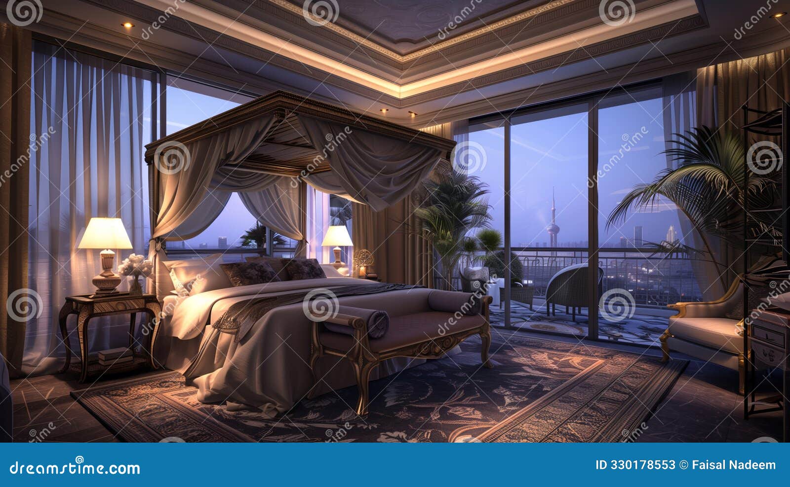 A Luxurious Master Bedroom With A Canopy Bed, Floor-to-ceiling Windows ...