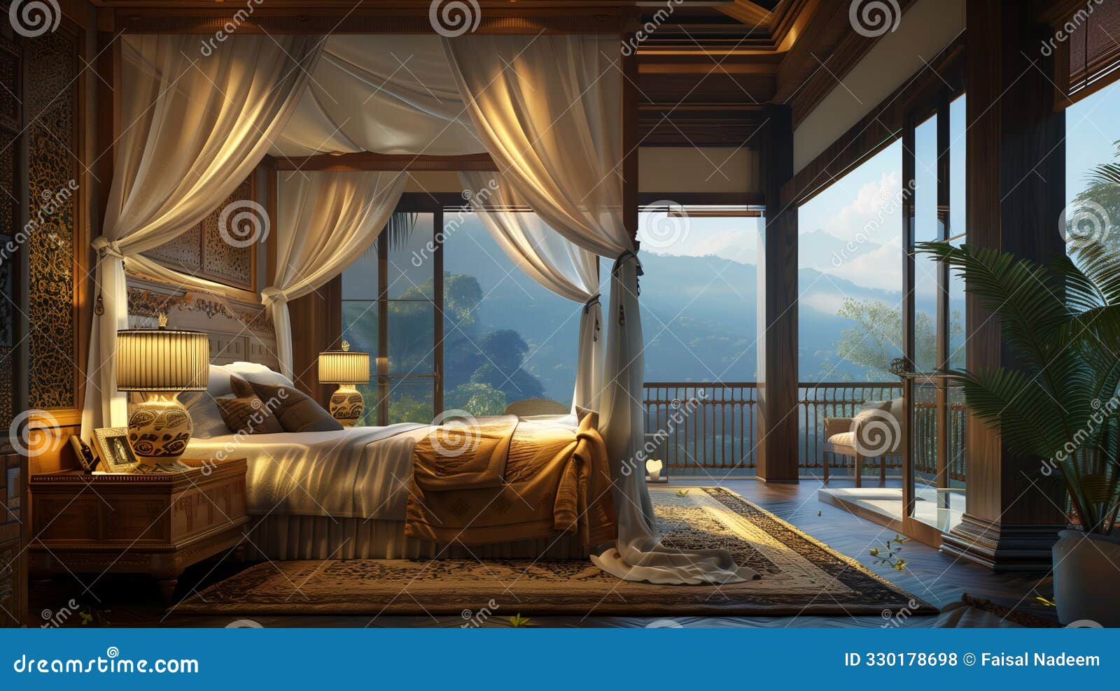 A Luxurious Master Bedroom With A Canopy Bed, Silk Bedding, And A ...