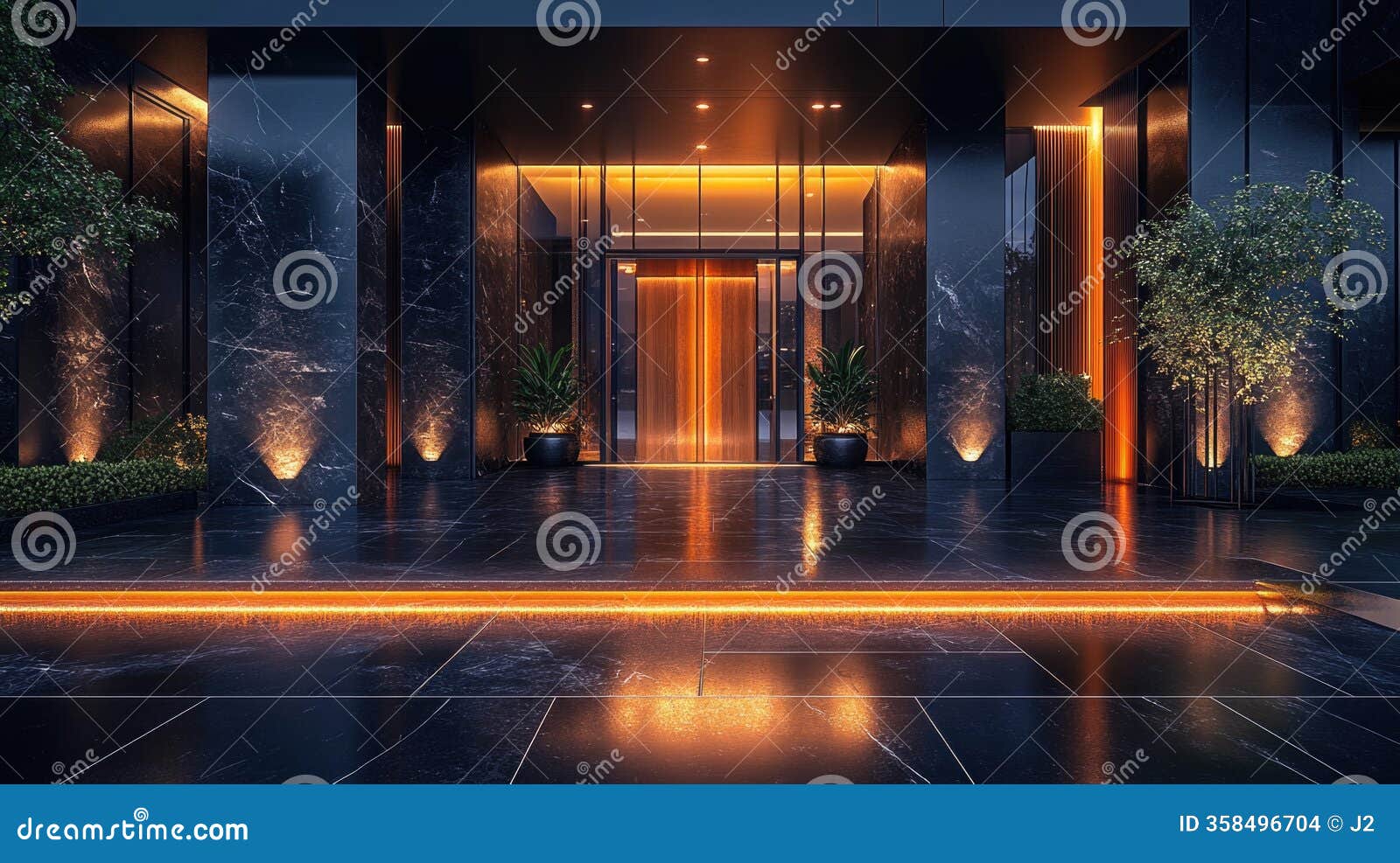Luxurious Modern Building Entrance with Warm Lighting Stock Photo ...